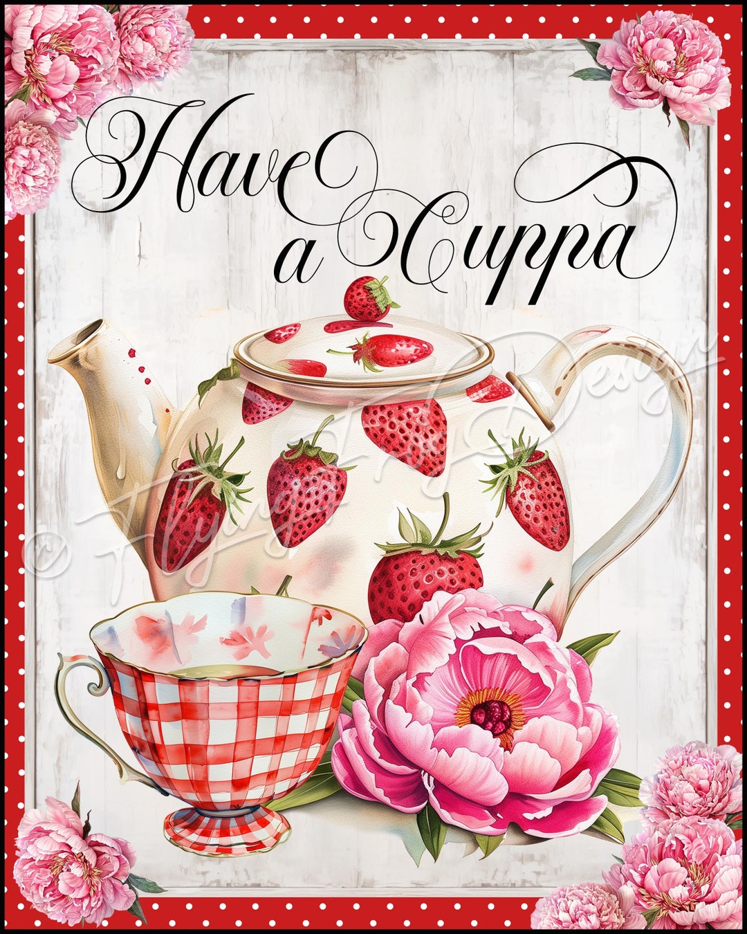 Vintage Victorian Have A Cuppa Teapot Teacup Red Strawberries Plaid ...