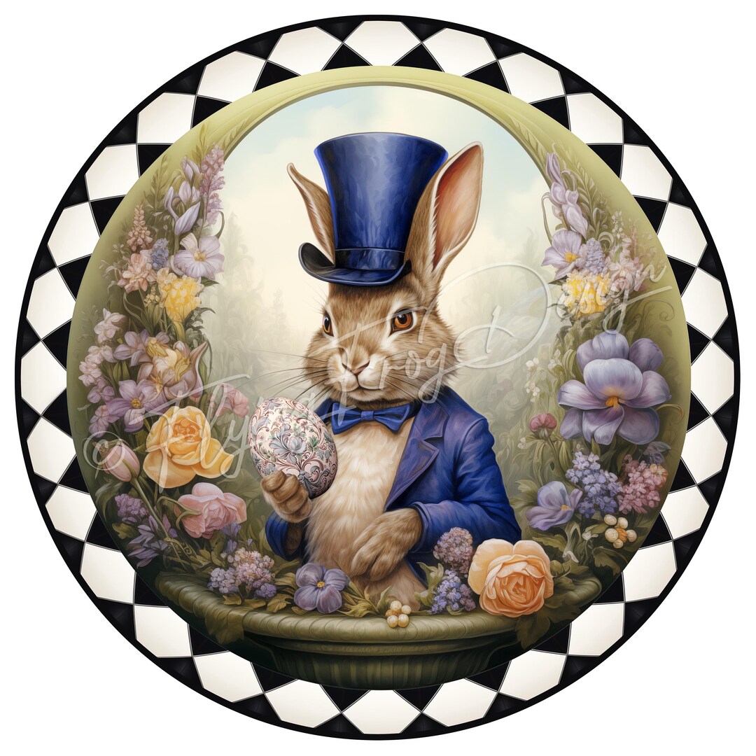 Victorian Whimsical Harlequin Bunny Blue Top Hat Flowers Roses Uv ...