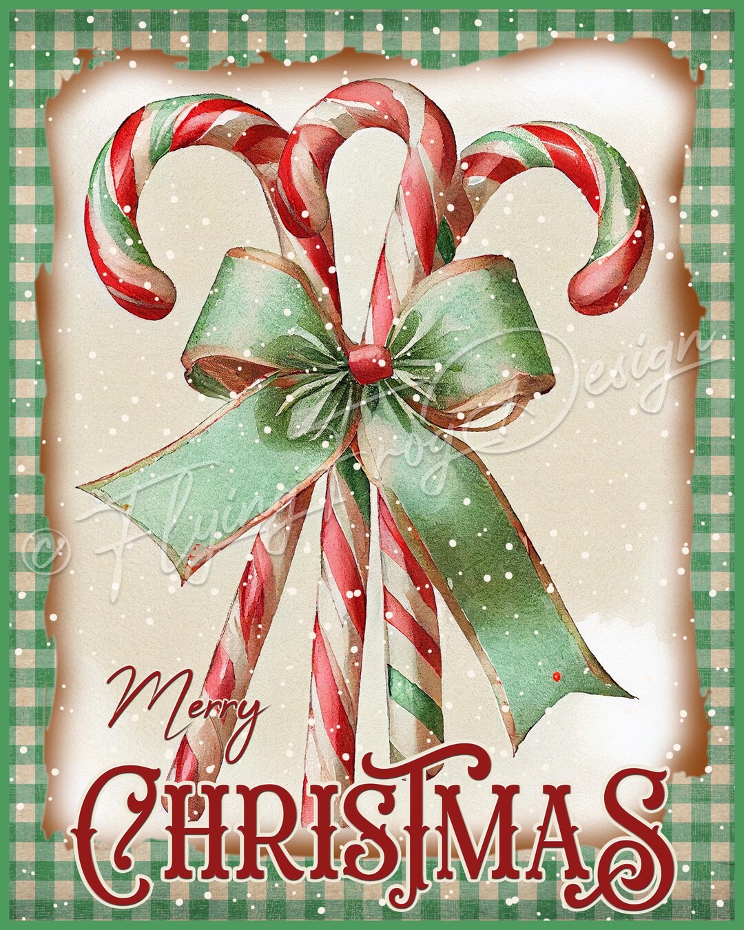 Vintage Victorian Candy Canes Green Bow Holly Berries Christmas Wreath ...