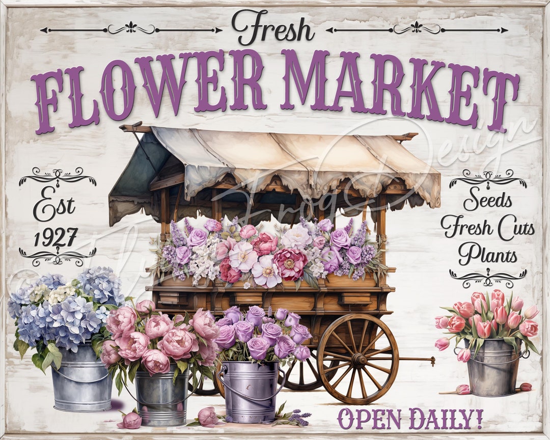 Vintage Fresh Flower Market Cart Lavender Blue Hydrangeas Roses Peonies ...