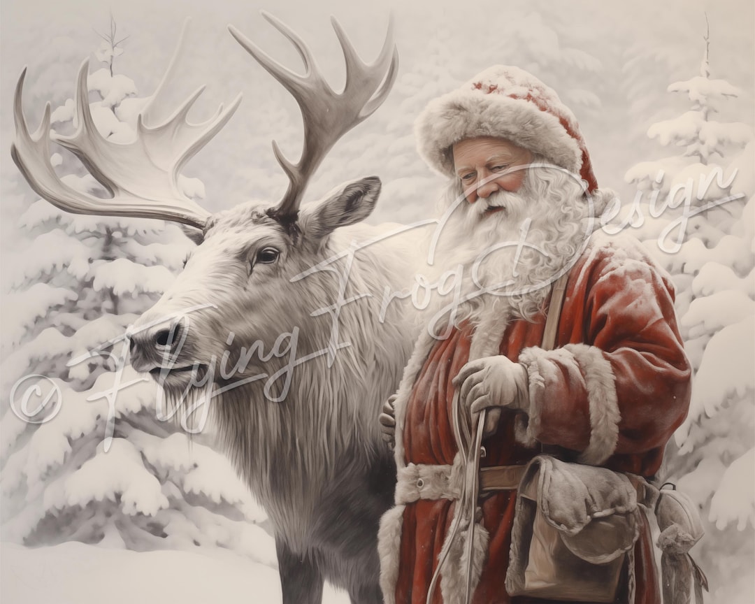 Victorian Watercolor Santa Claus White Reindeer Christmas Snowy ...