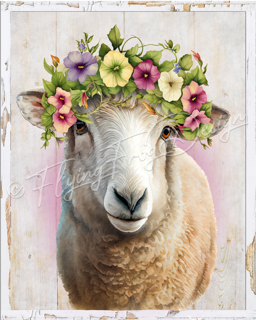Vintage Rustic Sheep Flower Crown Wreath Pansies Flowers Uv-coated ...