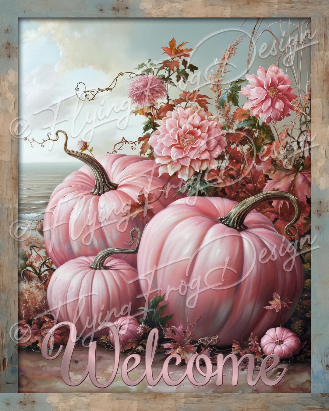 Vintage Welcome Sign Coastal Pink Pumpkins Beach Flowers Autumn Fall Uv ...