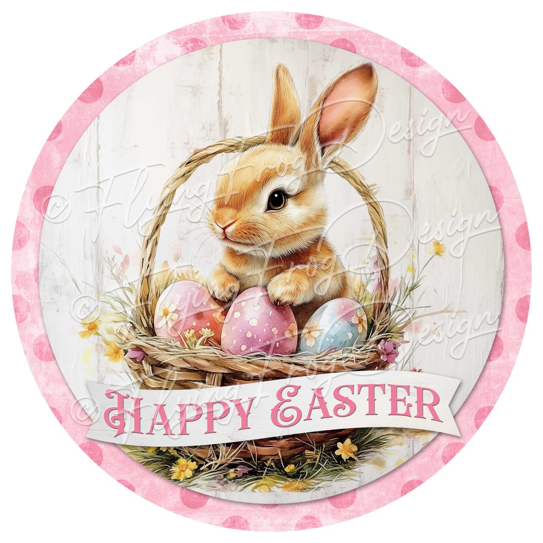 Vintage Happy Easter Bunny Eggs Basket Pink Dots Distressed Uv-coated ...