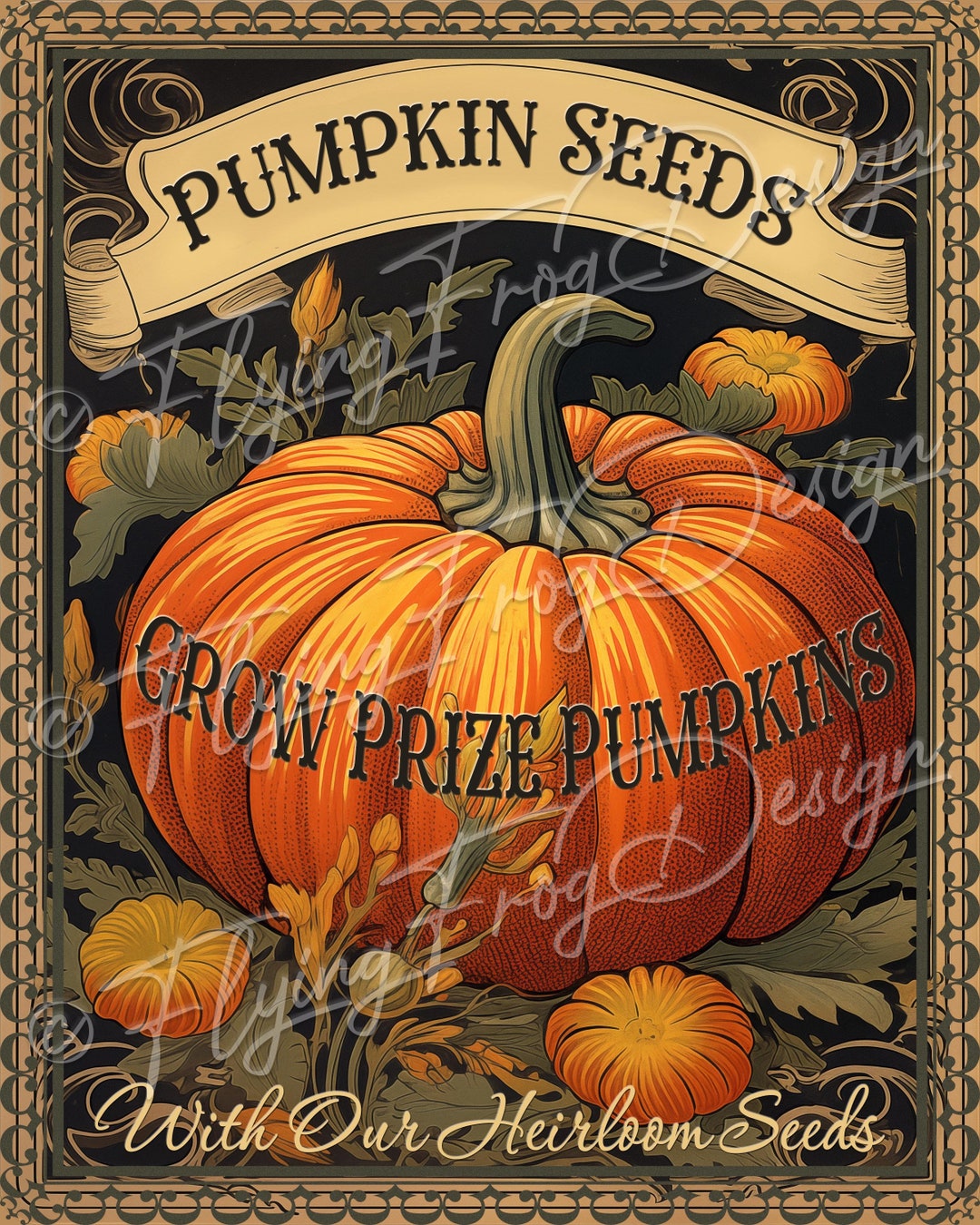Vintage Rustic Autumn Prize Pumpkin Seed Packet Vines Leaves Scroll ...