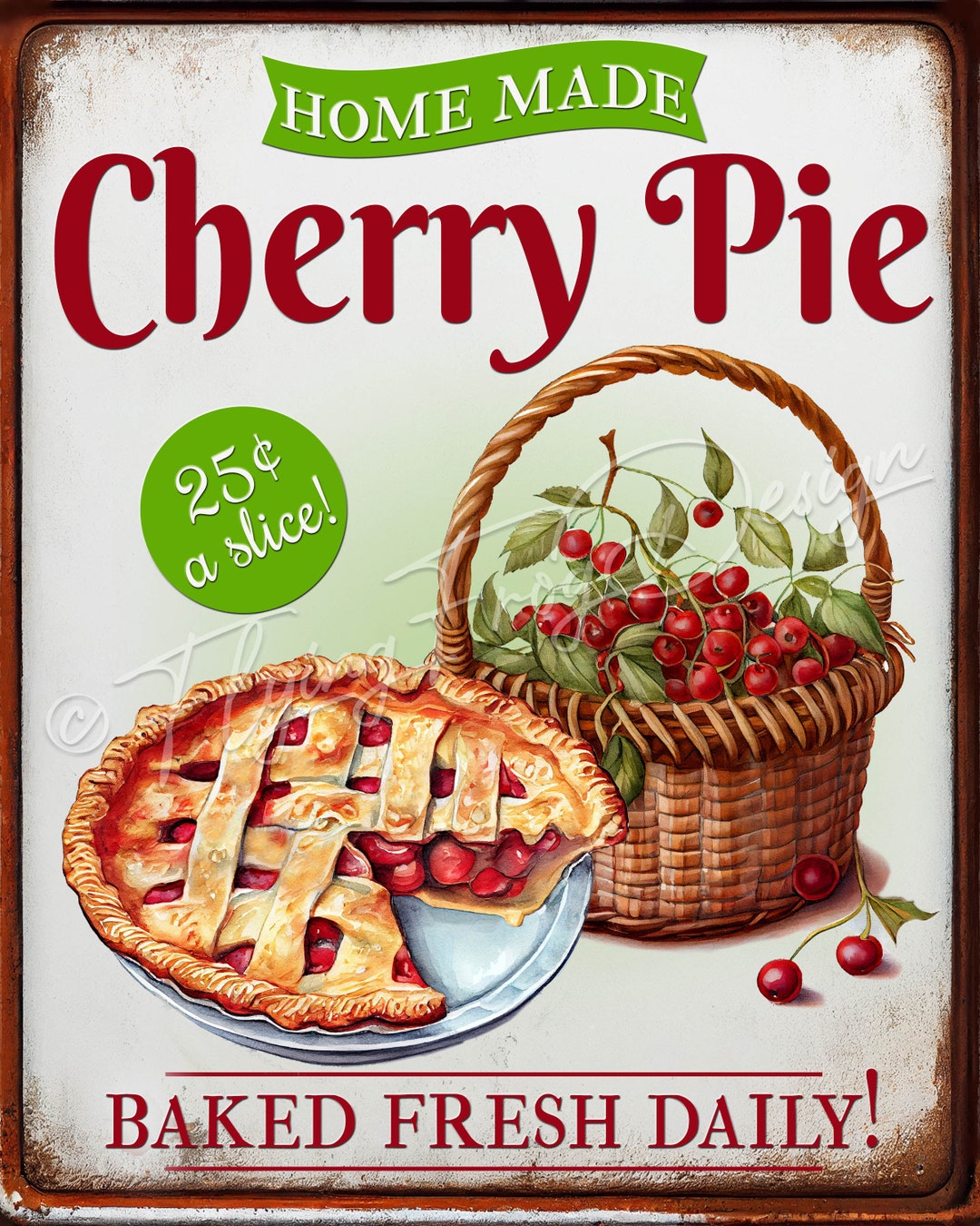 Vintage Cherry Pie Wreath Sign Cherries Basket Uv-coated Aluminum ...