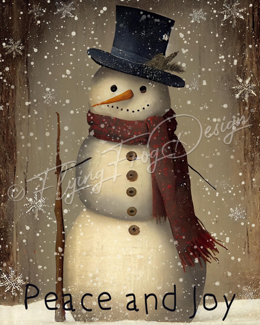 Vintage Primitive Snowman Peace and Joy Tall Hat Red Scarf Christmas ...