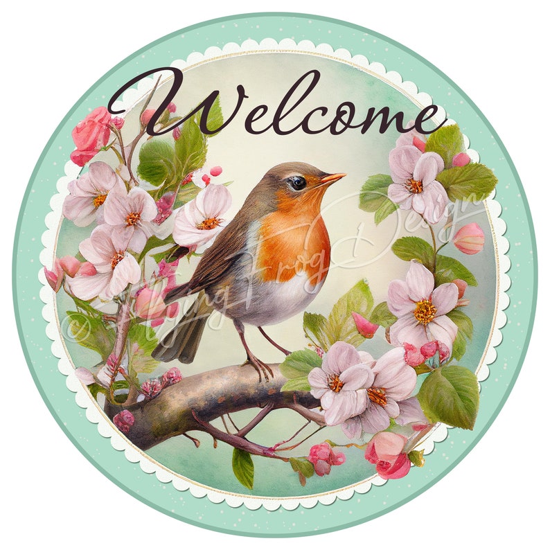 Exclusive Design! Vintage Welcome Robin Cherry Blossom Green Uv-coated ...