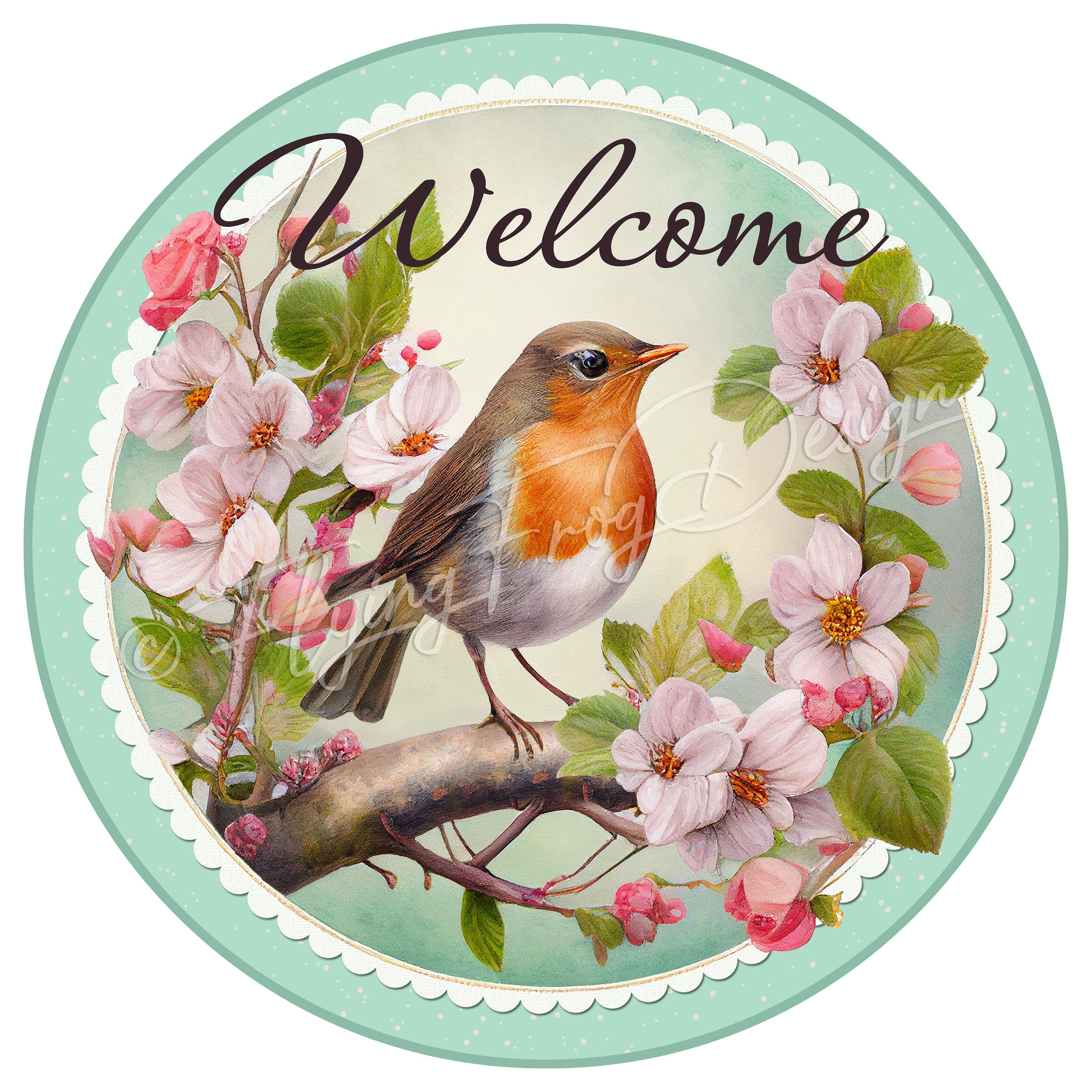 Exclusive Design! Vintage Welcome Robin Cherry Blossom Green Uv-coated ...