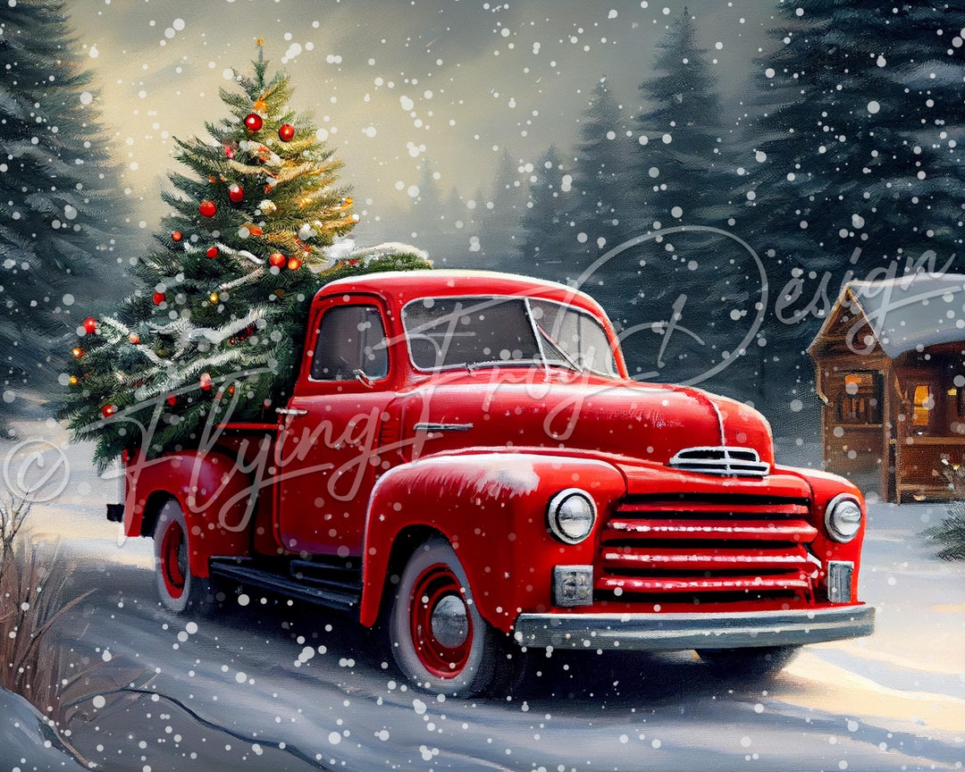 Vintage Red Pick up Truck Christmas Tree Cabin Snow Pine Tree Uv-coated ...