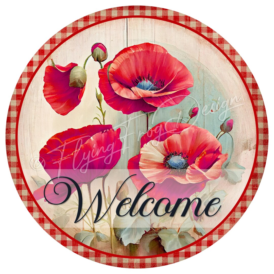 Exclusive Design! Vintage Welcome Watercolor Poppies Gingham Uv-coated ...