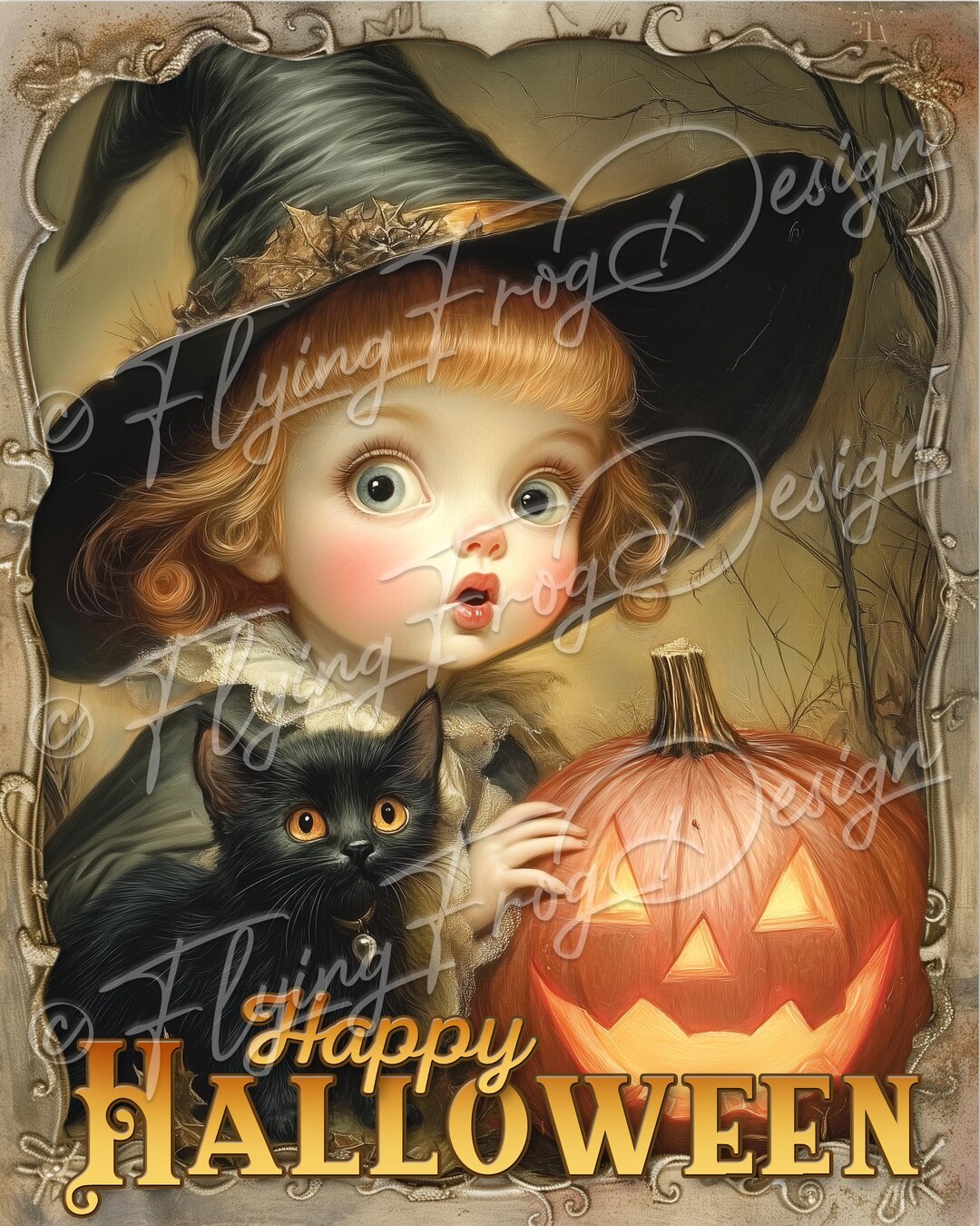 Vintage Retro 50s Halloween Children Witch Hat Jack O' Lantern Black ...