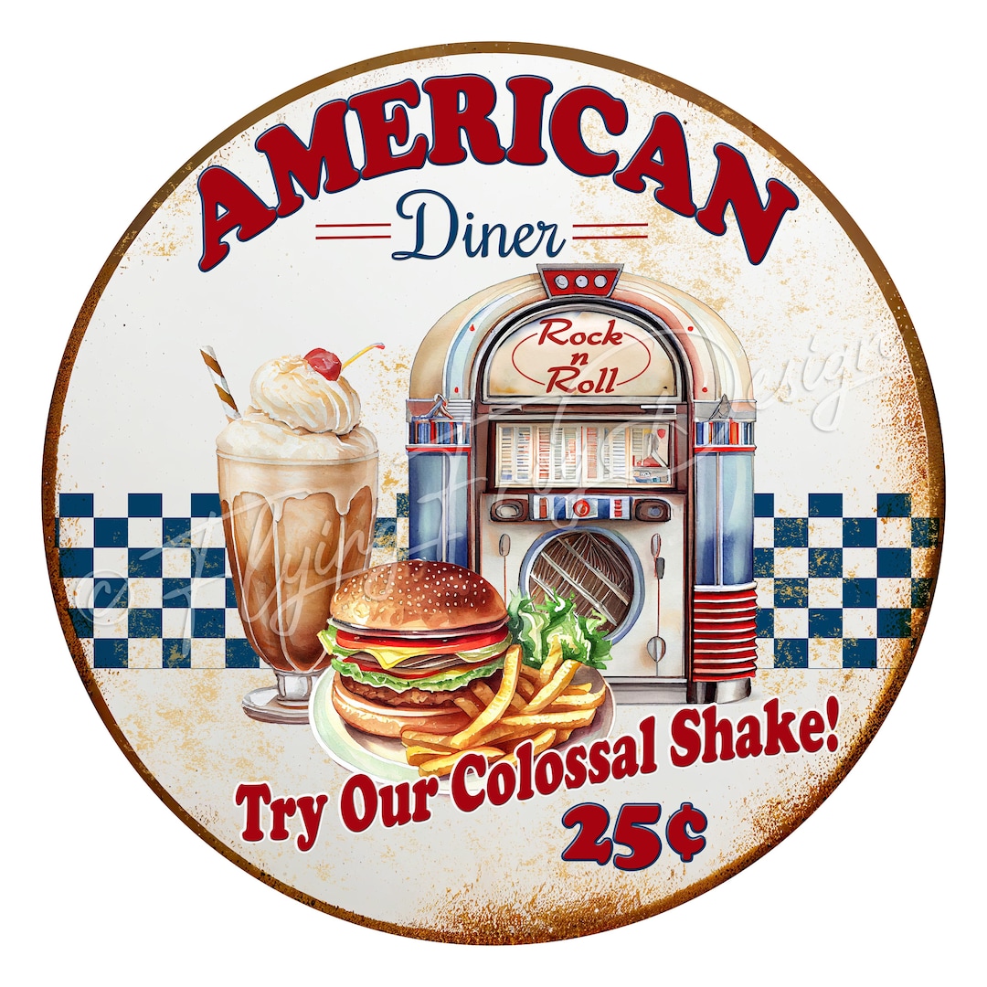 Vintage American Diner Jukebox Shakes Burgers Fries Round Uv-coated ...