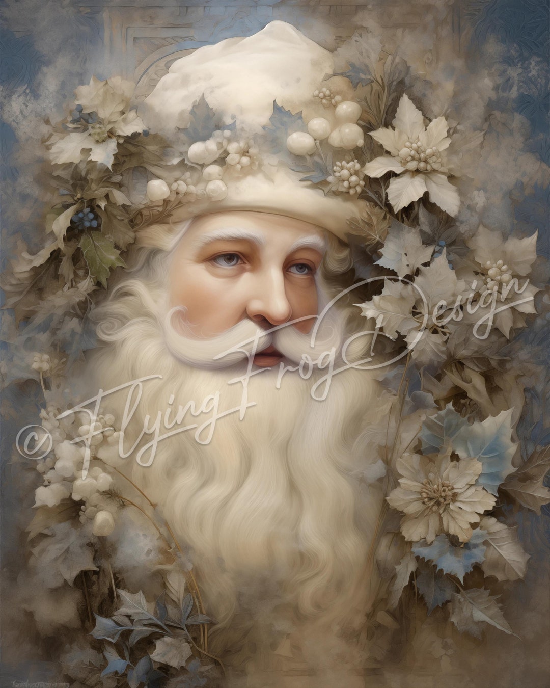 Exclusive! Vintage Victorian Santa Claus Blue Cream Poinsettias Soft ...