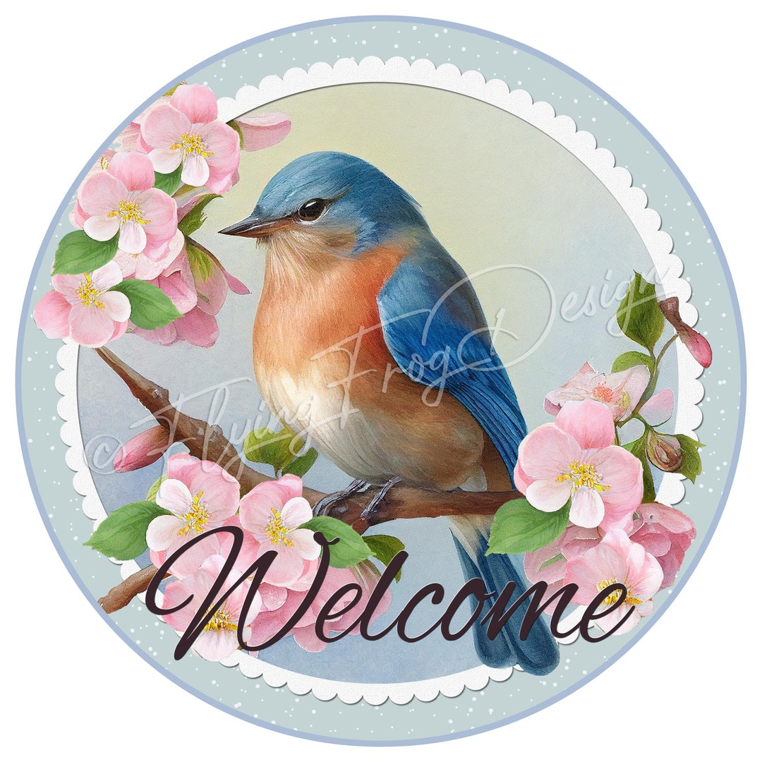 Exclusive Design! Vintage Welcome Bluebird Cherry Blossom Green Uv ...