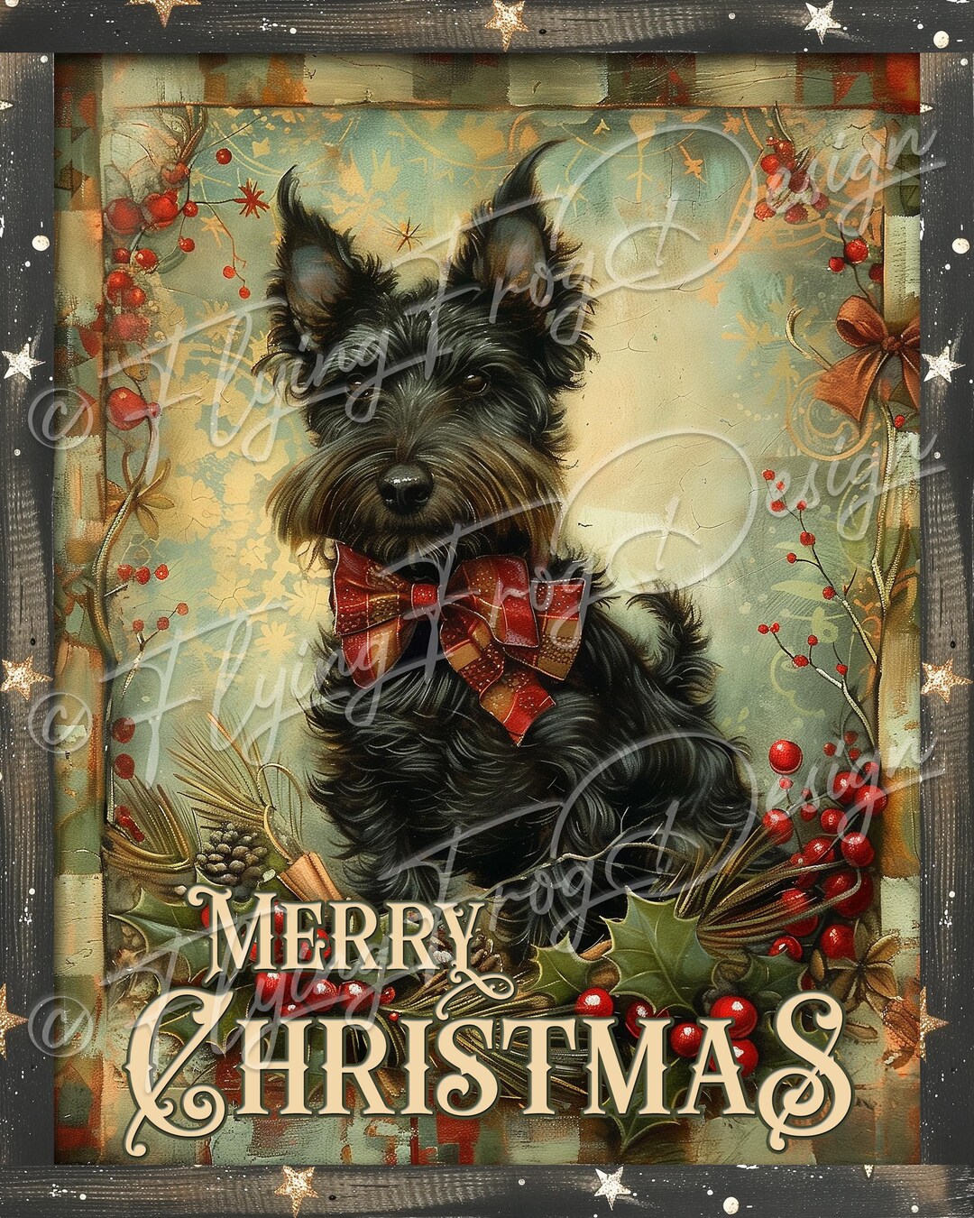 Vintage Scottie Dog Merry Christmas Winter Plaid Red Berries Uv-coated ...