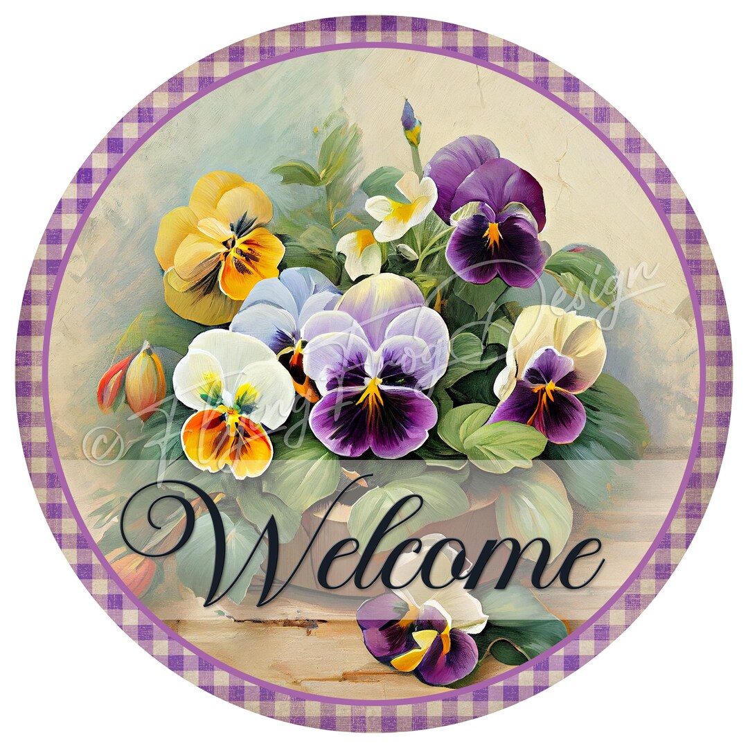 Exclusive Design! Vintage Welcome Watercolor Pansies Gingham Uv-coated ...