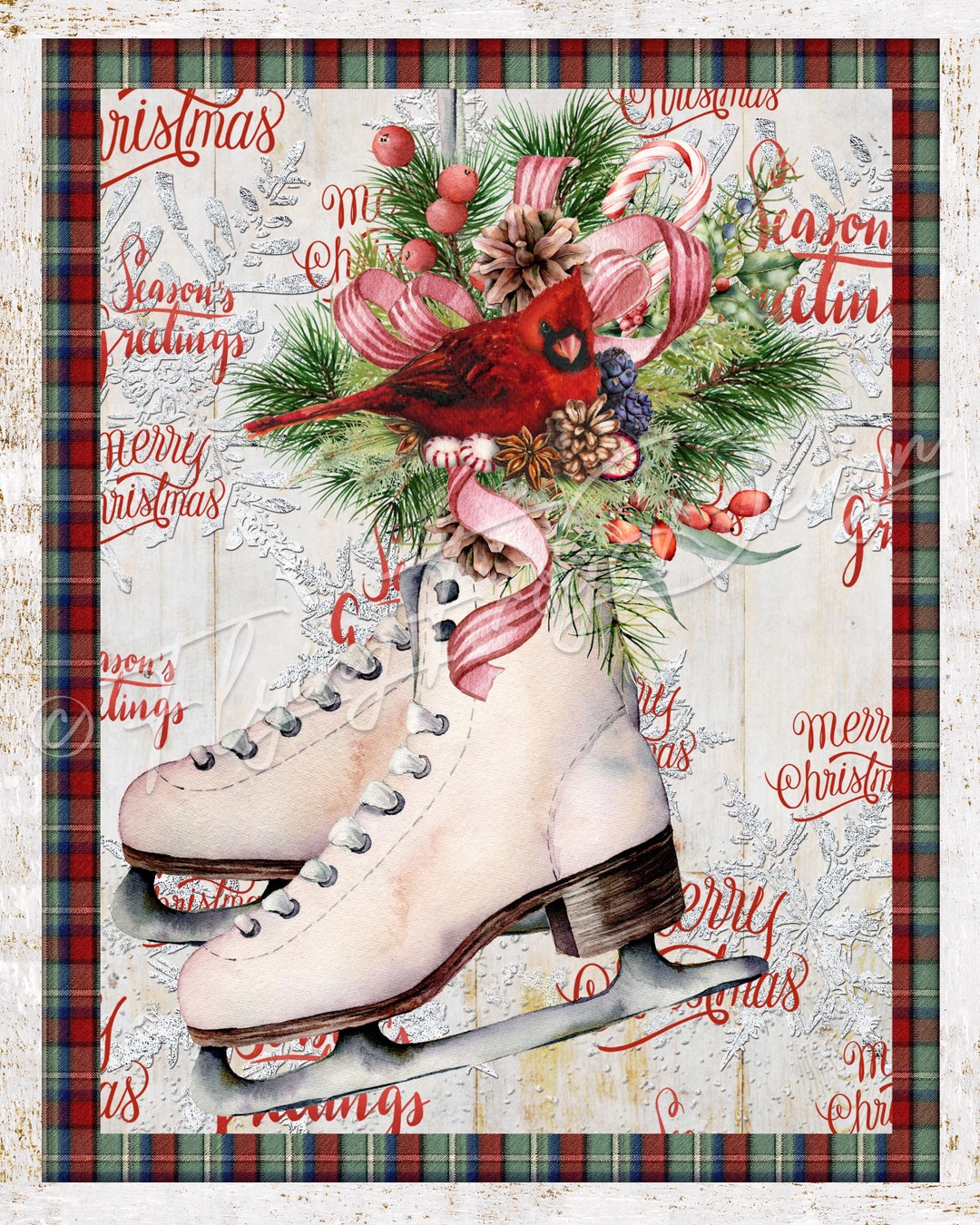Vintage Ice Skating Christmas Cardinal Holly Berries Wreath Sign Uv ...