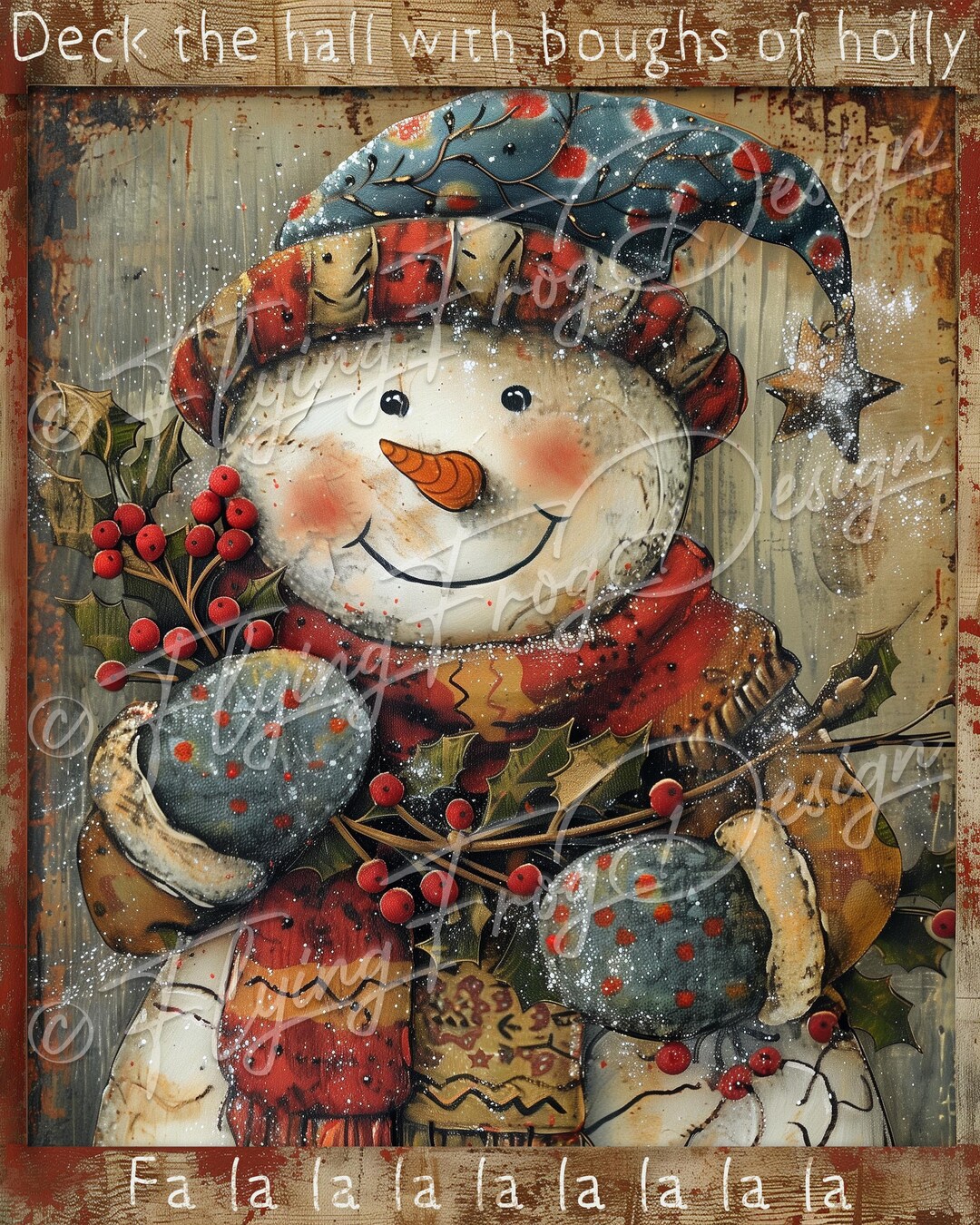 Whimsical Folk Art Snowman Stocking Hat Scarf Deck the Halls Fa La La ...