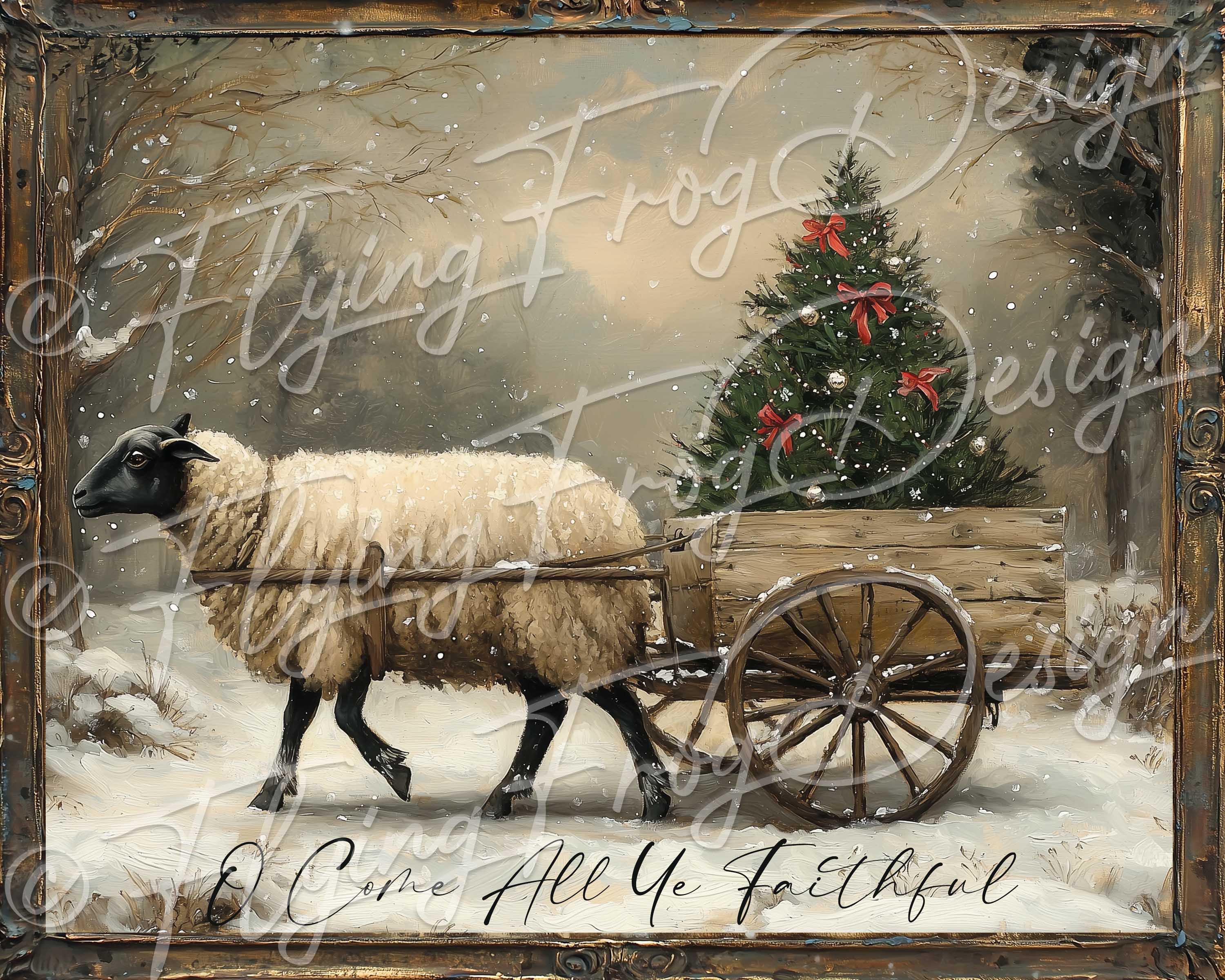 Vintage Americana Folk Art Sheep Cart Christmas Tree O' Come All Ye ...