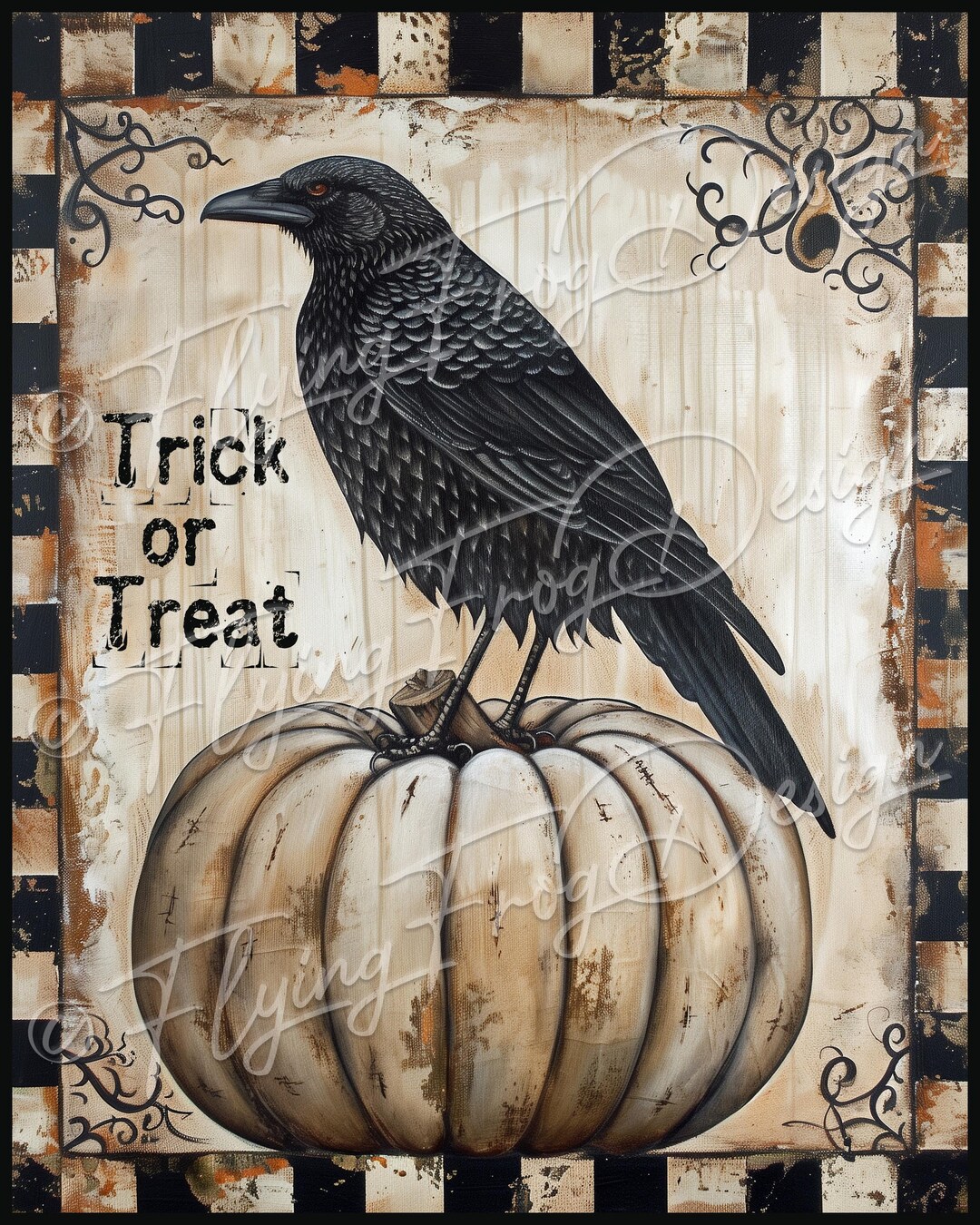 Vintage Primitive Spooky Crow White Pumpkin Halloween Trick or Treat ...