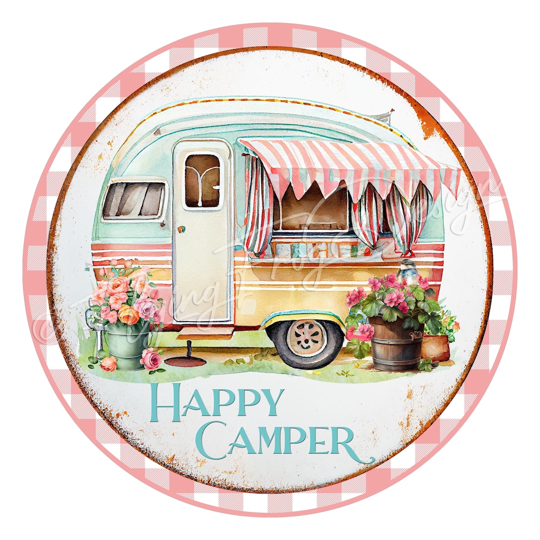 Vintage Gingham Happy Camper Wreath Sign Uv-coated Aluminum Round ...