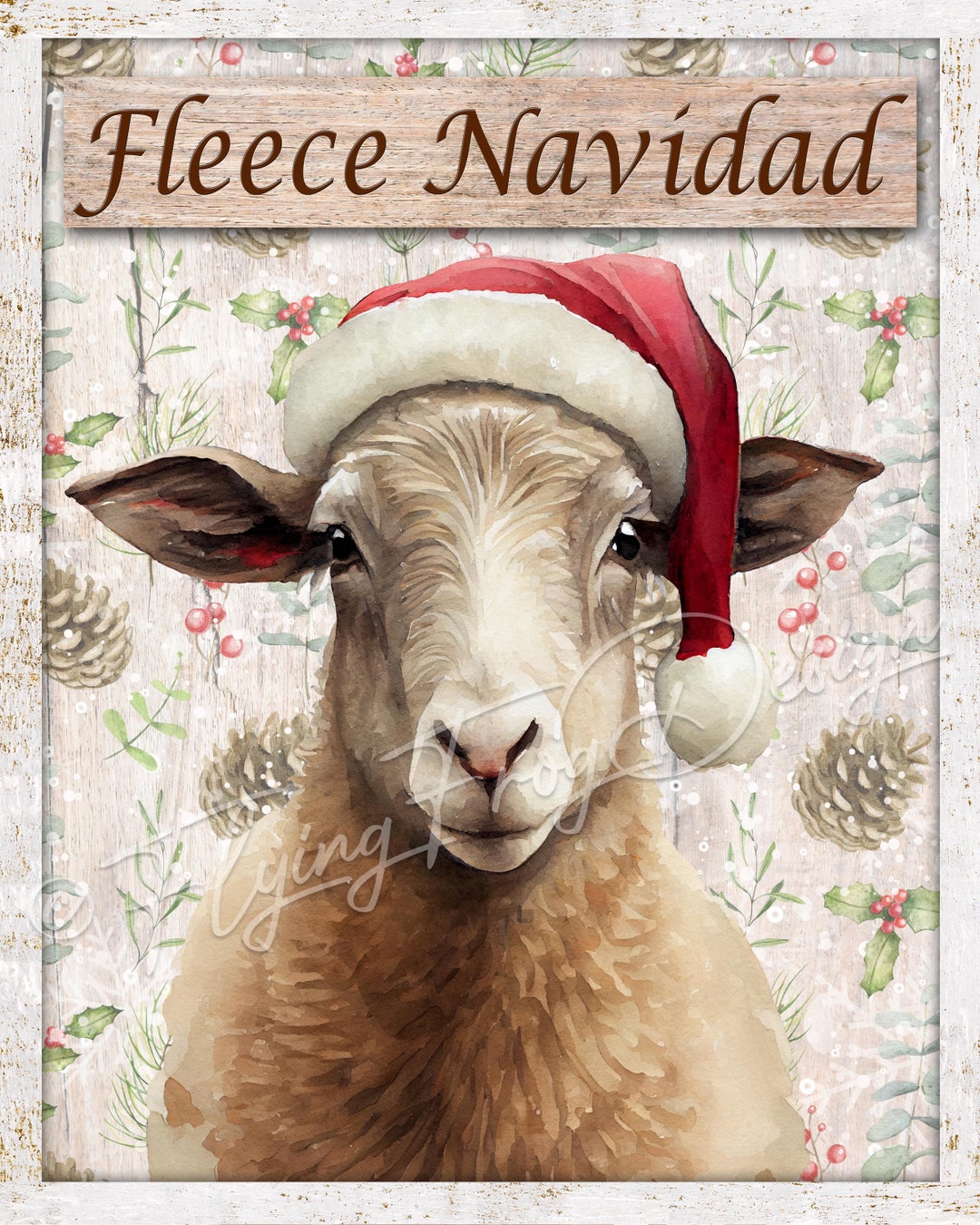 Vintage Merry Christmas Fleece Navidad Sheep Santa Hat Wreath Sign Uv ...