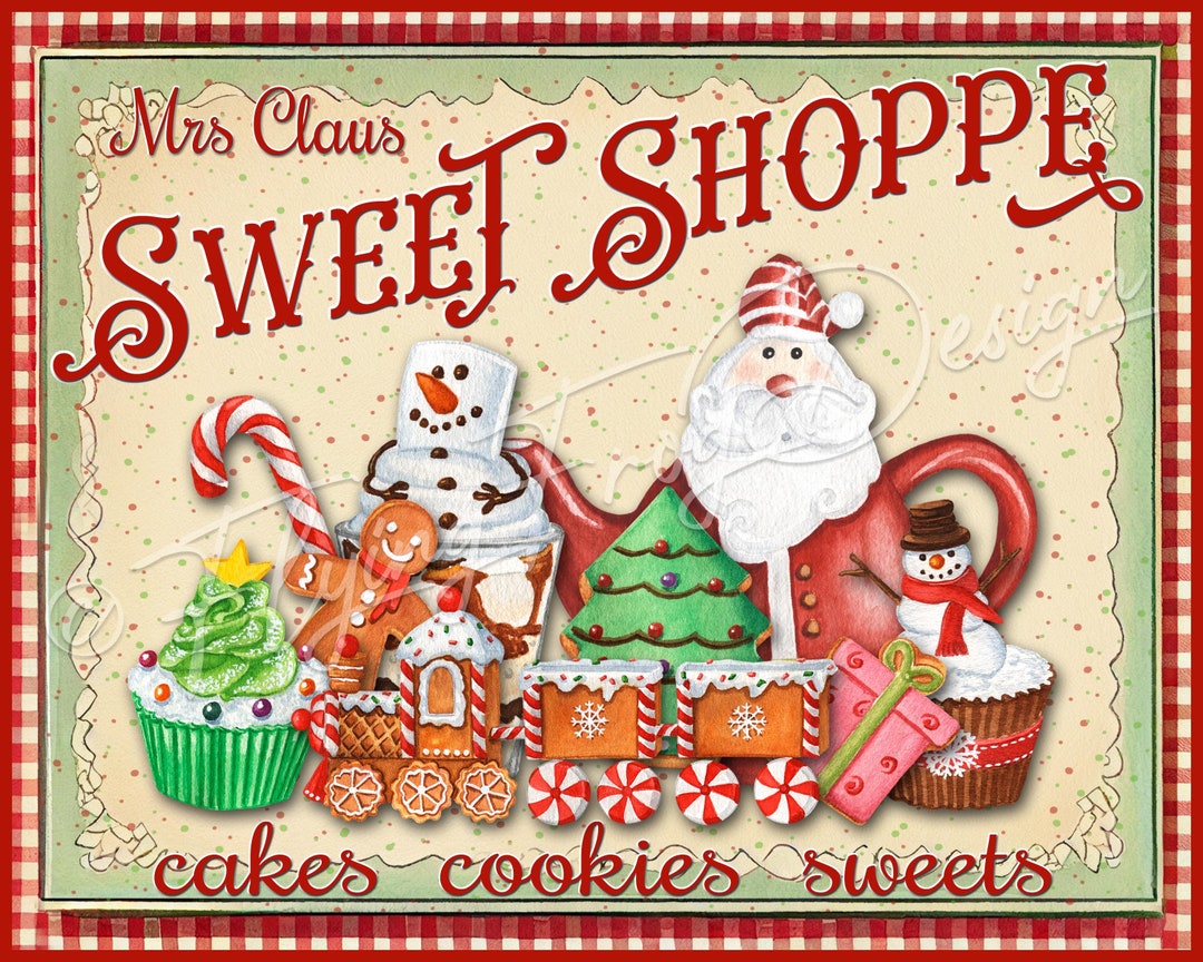 Vintage Mrs. Claus Sweet Shoppe Cake Cookies Sweets Red Christmas ...