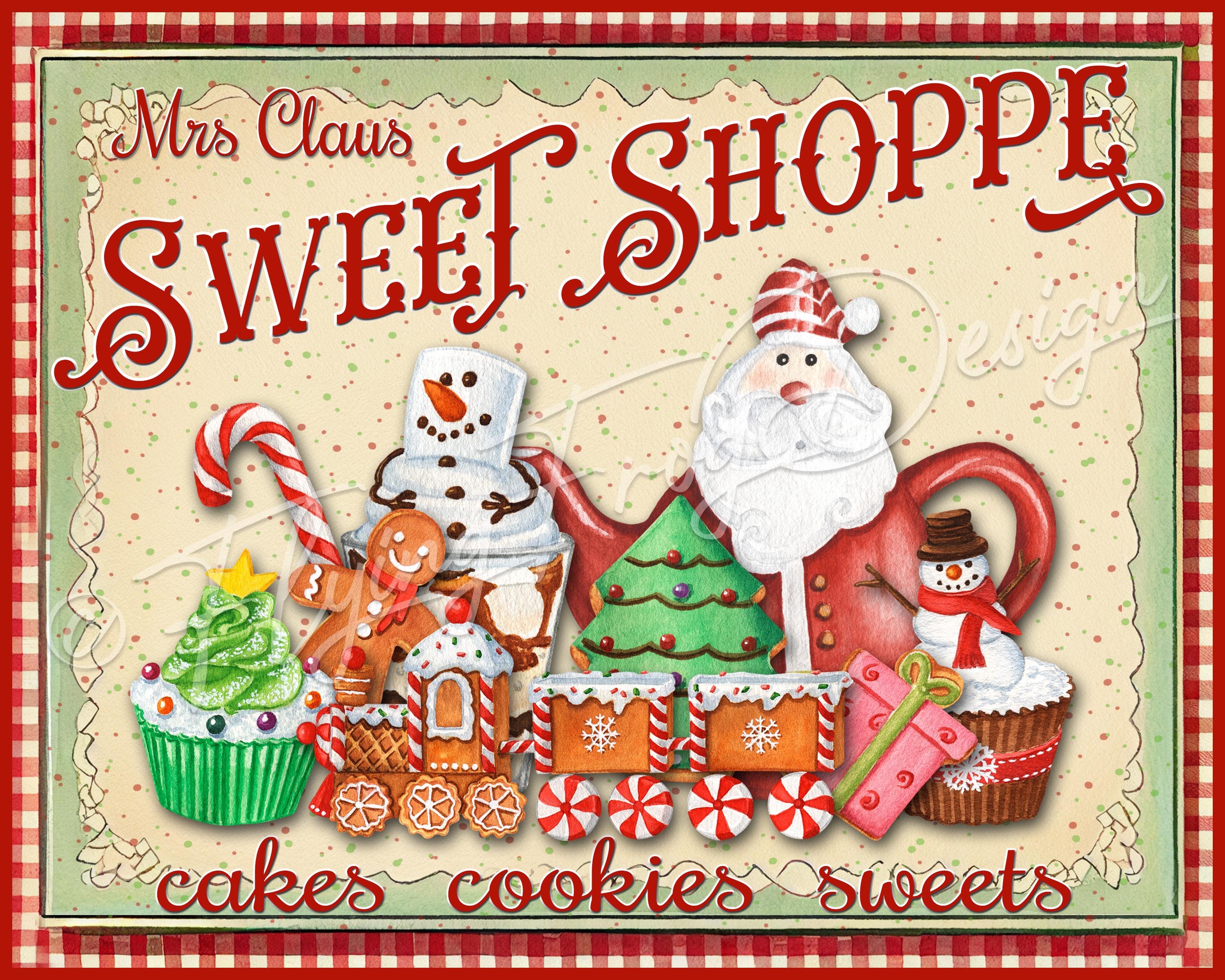 Vintage Mrs. Claus Sweet Shoppe Cake Cookies Sweets Red Christmas ...