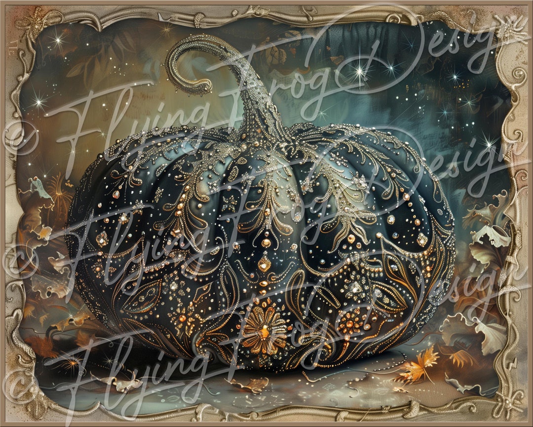 Vintage Dramatic Glam Bejeweled Black Pumpkin Gems Scrolled Frame 1 Uv ...