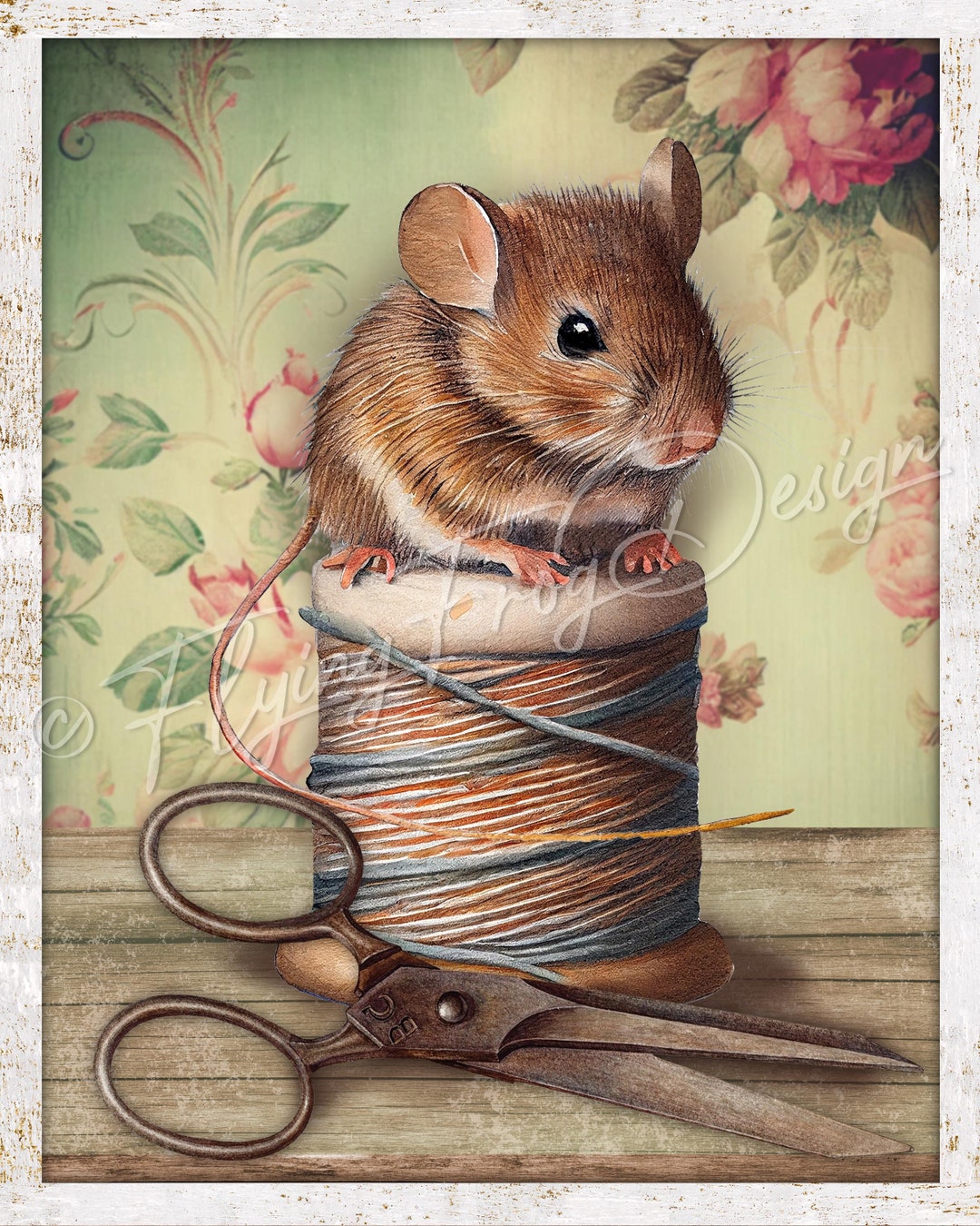 Victorian Fine Art Mouse Spool Thread Scissors Wall Paper Flowers Uv ...