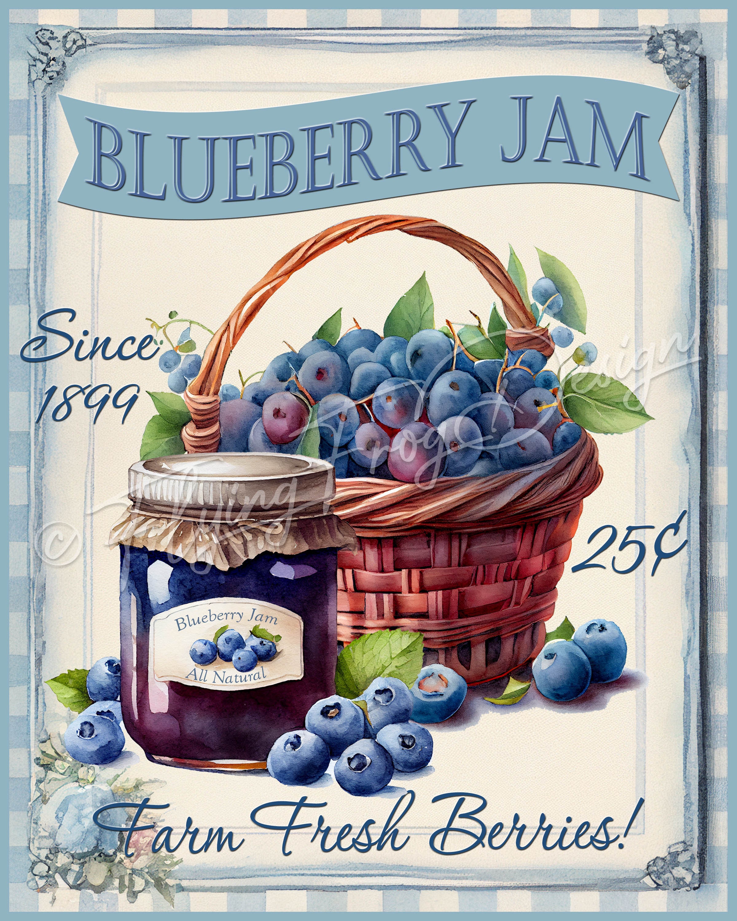 Vintage Blueberry Jam Wreath Sign Blueberries Gingham Basket Uv-coated ...