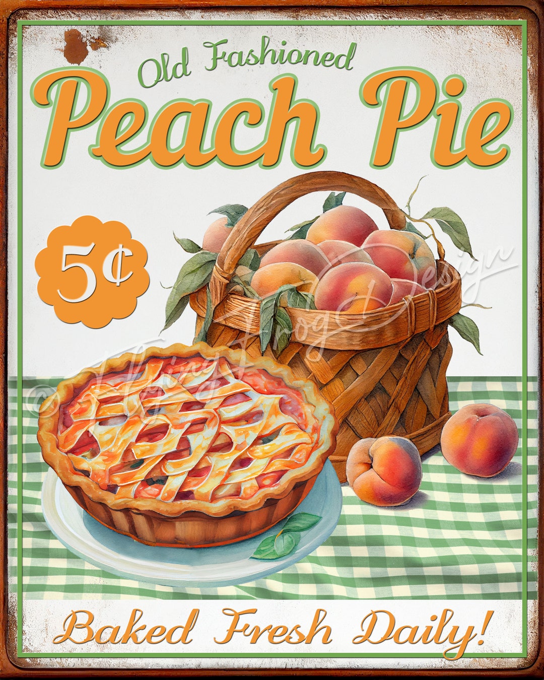 Vintage Peach Pie Wreath Sign Peaches Gingham Basket Uv-coated Aluminum ...