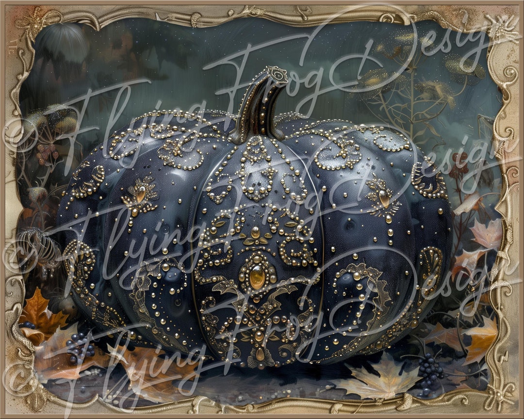 Vintage Dramatic Glam Bejeweled Black Pumpkin Gems Scrolled Frame 2 Uv ...