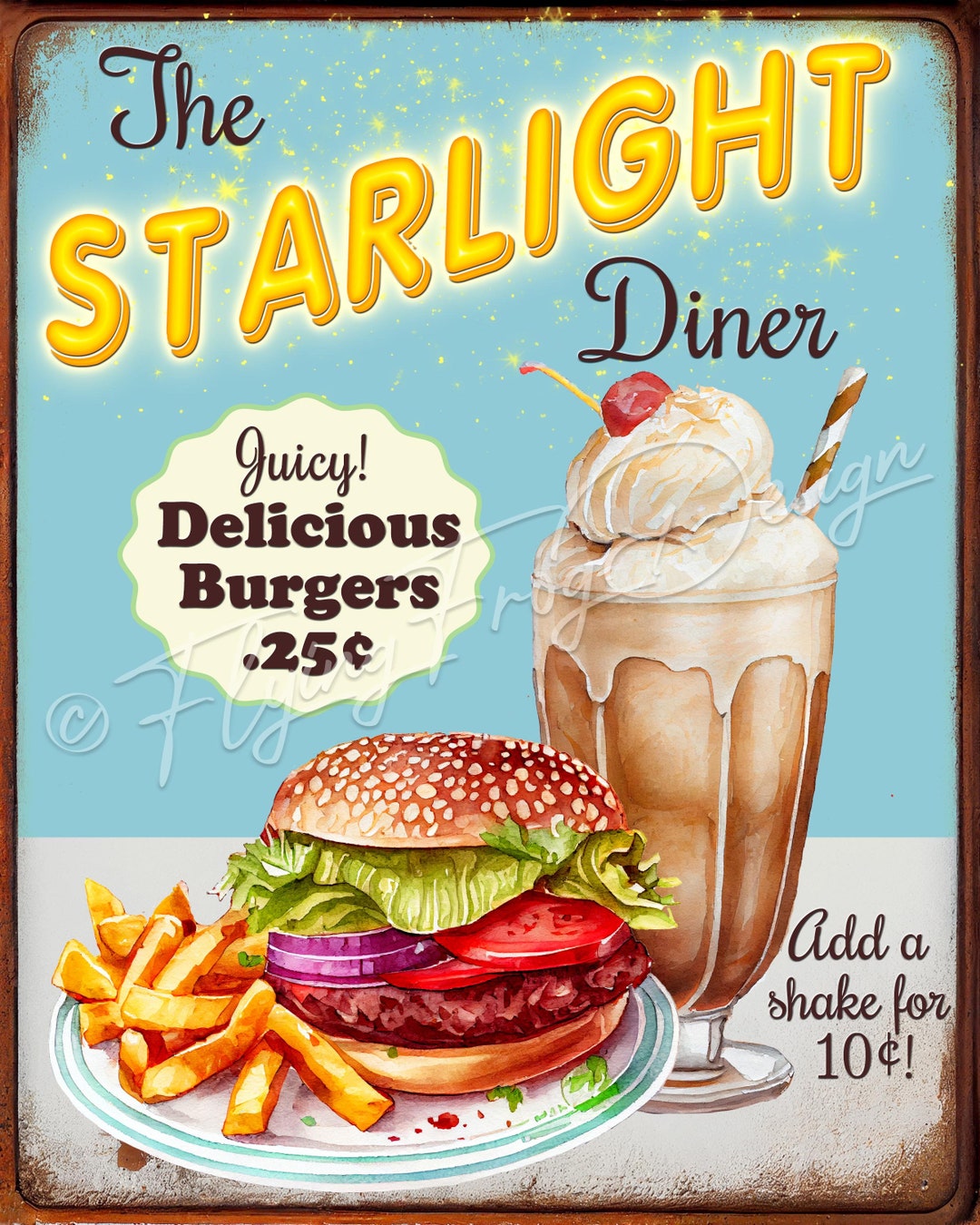 Vintage Starlight Diner Burger Fries Milkshake Wreath Sign Uv-coated ...