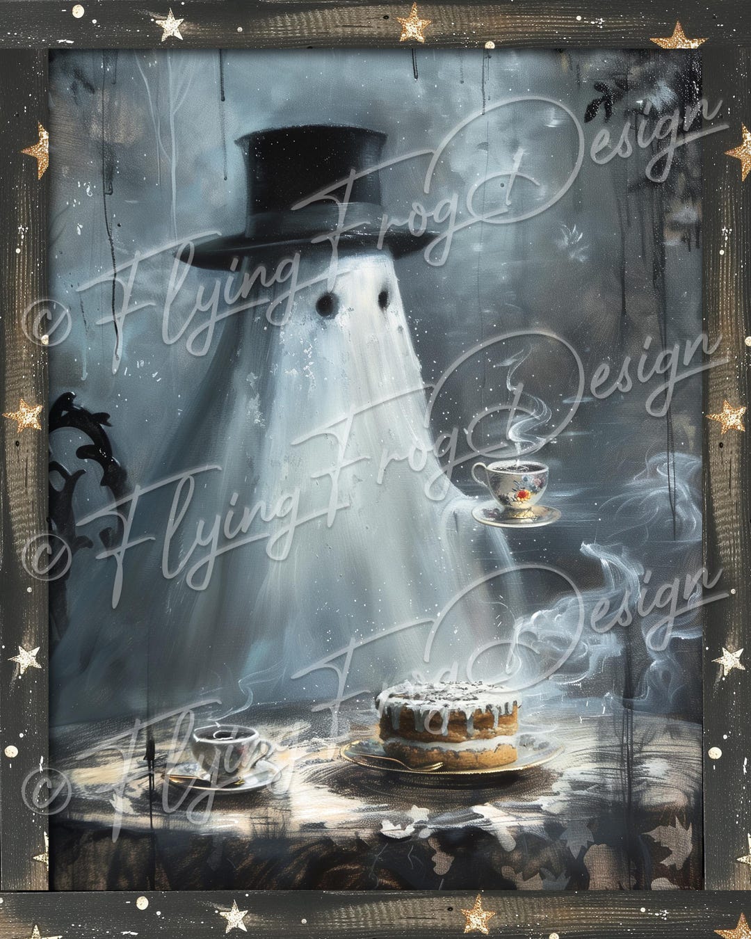 Whimsical Spooky Halloween Sheet Ghost Top Hat Tea and Cake Portrait Uv ...