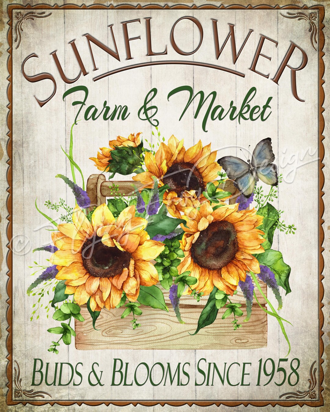 Vintage Sunflower Farm & Market Sunflowers Butterfly Toolbox Distressed ...