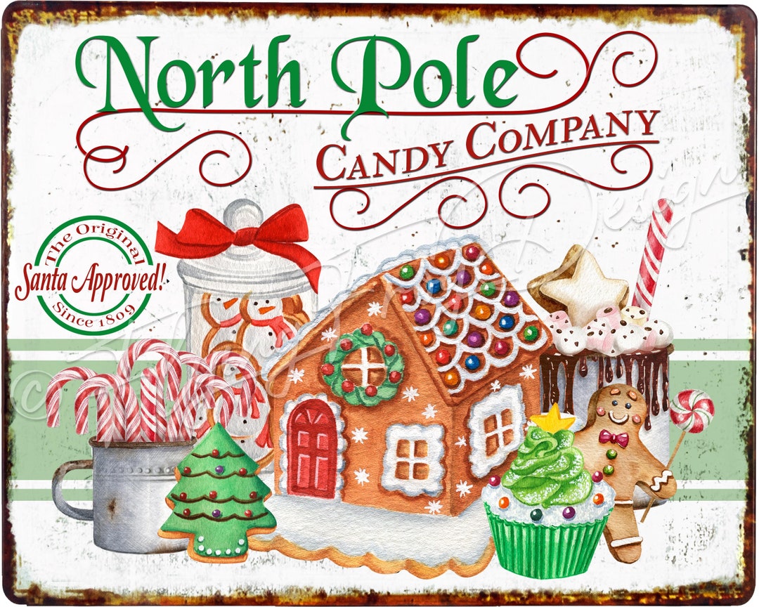 Vintage North Pole Candy Company Sweets Cake Cookies Treats Wreath Sign Uv-coated Aluminum Door ...