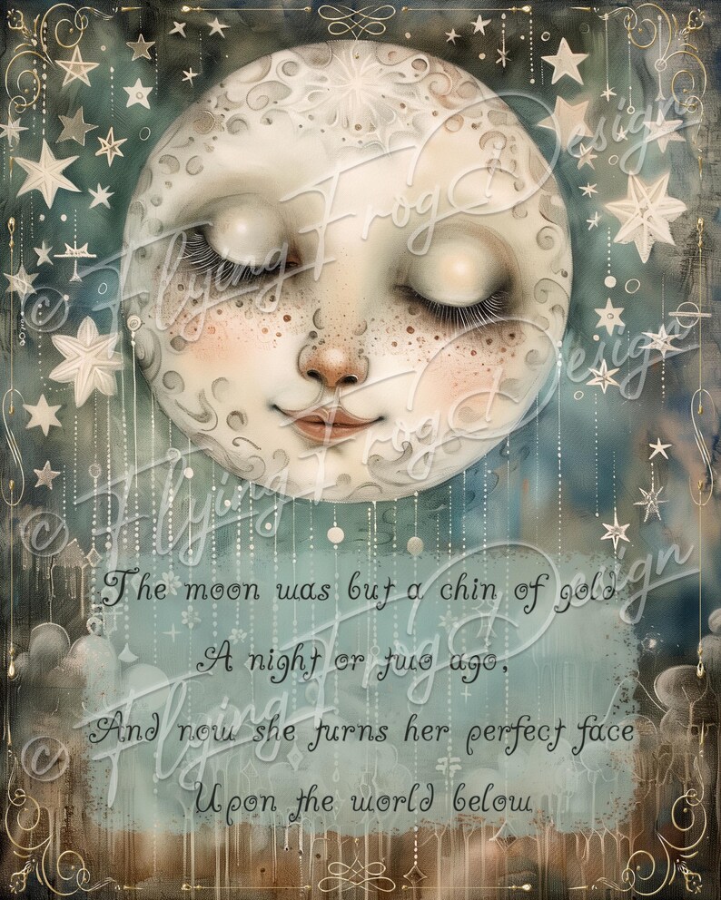 Primitive Surreal Folk Art Moon Face Stars Chin of Gold Uv-coated ...