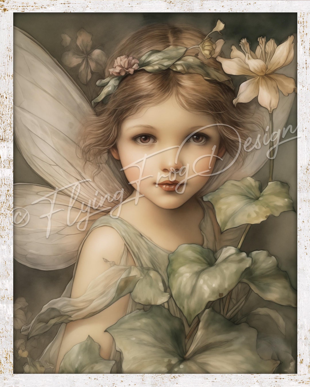 Vintage Flower Fairy Wings White Green Vines Crown Watercolor Uv-coated ...