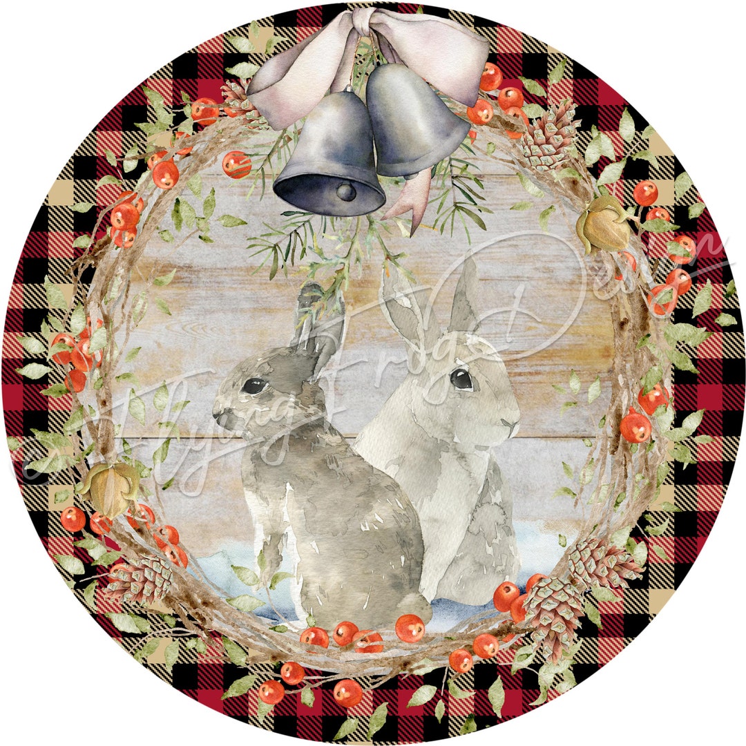 Vintage Rustic Bunny Silver Bells Plaid Whimsical Watercolor Uv-coated ...