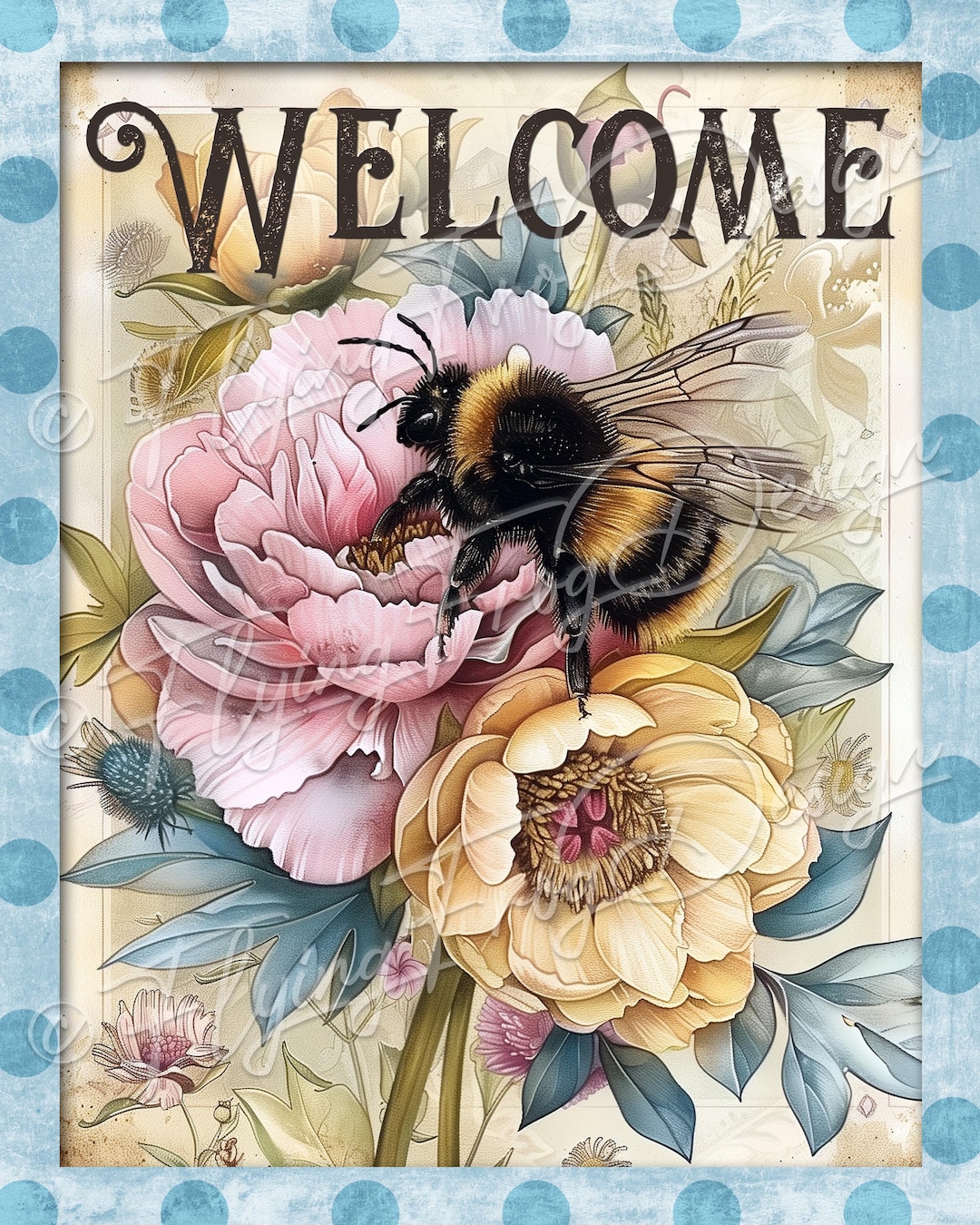 Whimsical Watercolor Pastel Colors Welcome Bee Soft Large Flowers Uv ...
