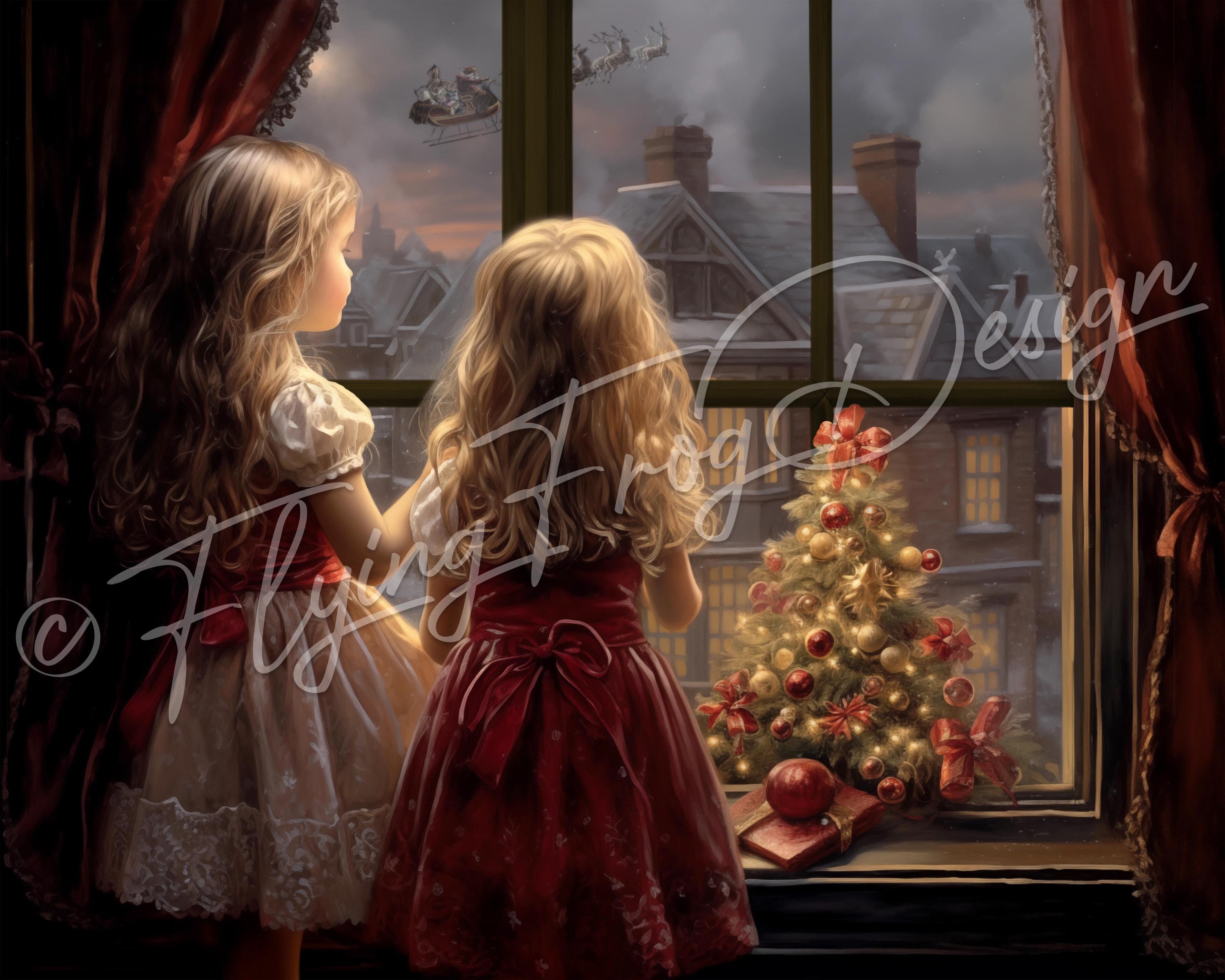 Victorian Vintage Traditional Girls at Window Spying for Santa Claus ...