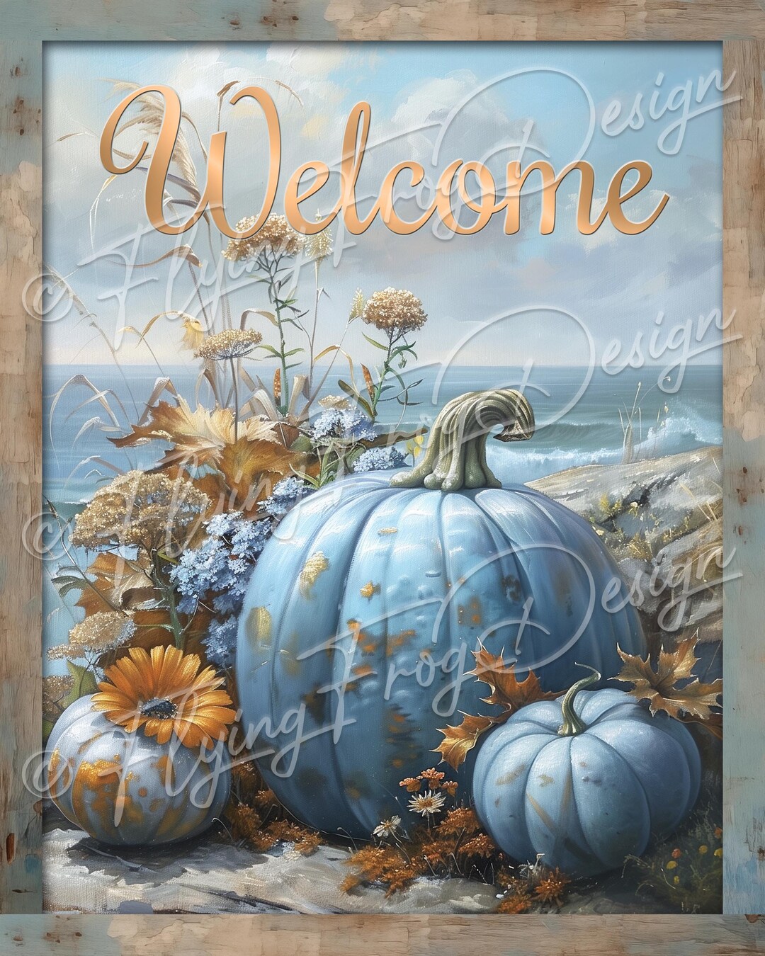 Vintage Welcome Sign Coastal Blue Pumpkins Beach Leaves Flowers Autumn ...