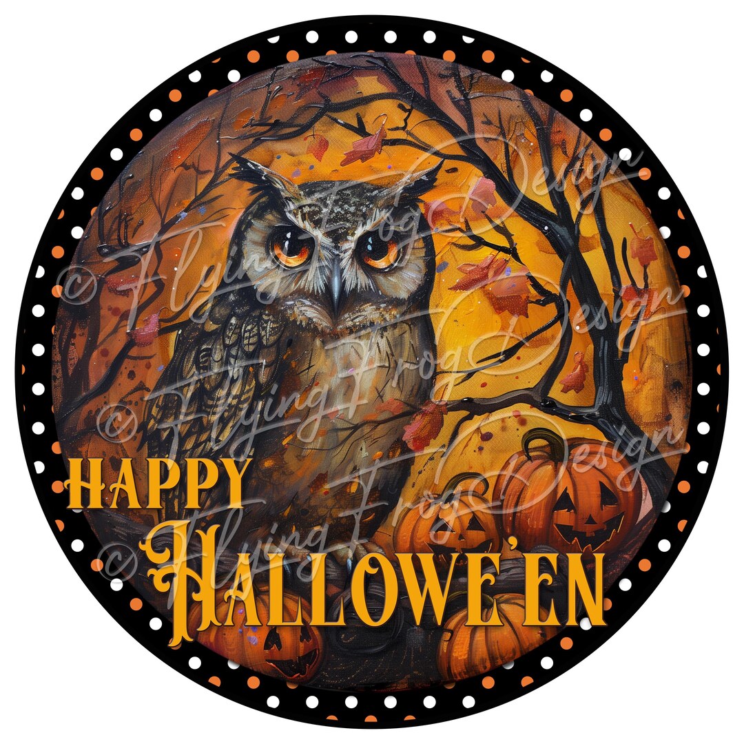 Spooky Retro Happy Halloween Owl Jack O' Lantern Trees Leaves Uv-coated ...