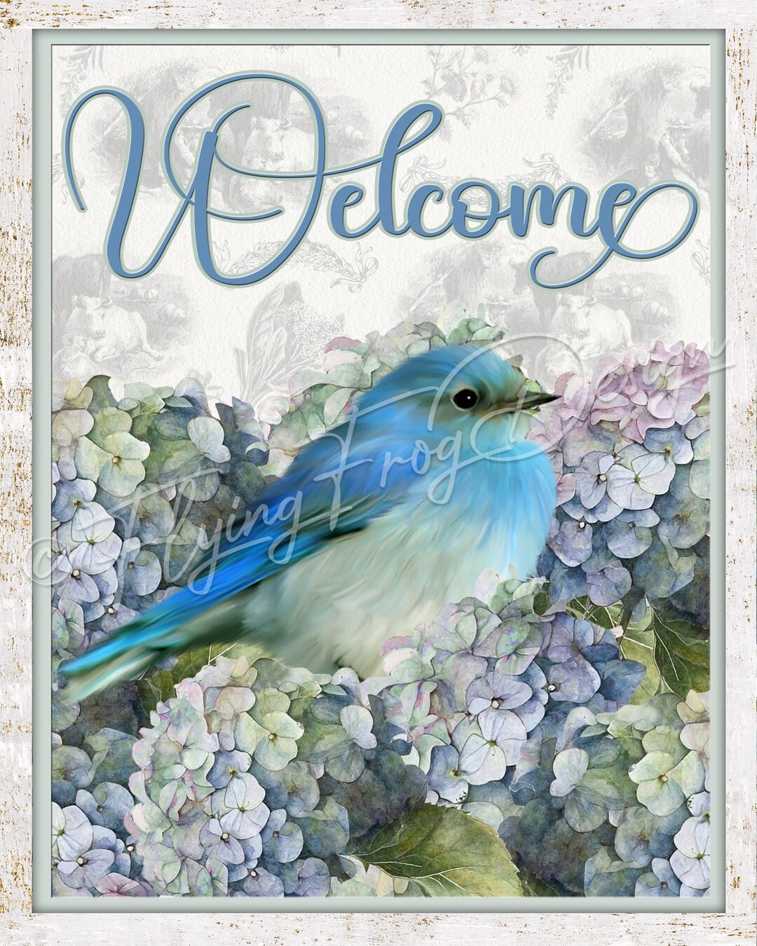 Vintage Soft Pastel Welcome Bluebird and Hydrangeas Uv-coated Aluminum ...