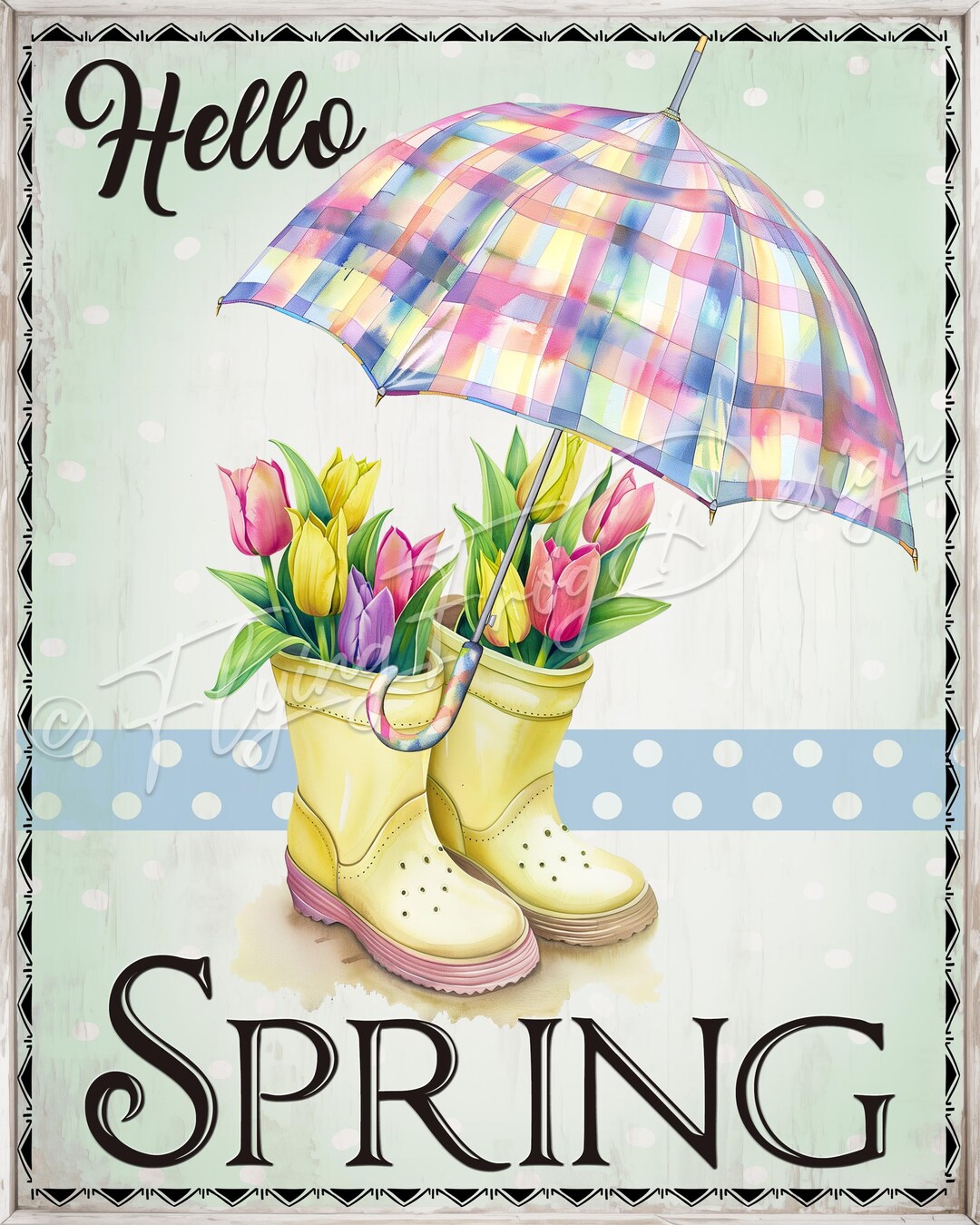 Vintage Hello Spring Plaid Umbrella Bright Tulips Yellow Rainboots ...