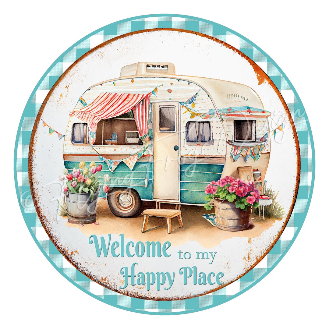 Vintage Blue Gingham Happy Place Camper Wreath Sign Uv-coated Aluminum ...