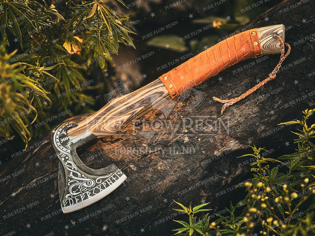 VIKING Axe Hand Forged Carbon Steel Best Holiday Gift for Him Medieval Axe With Leather Sheath ...