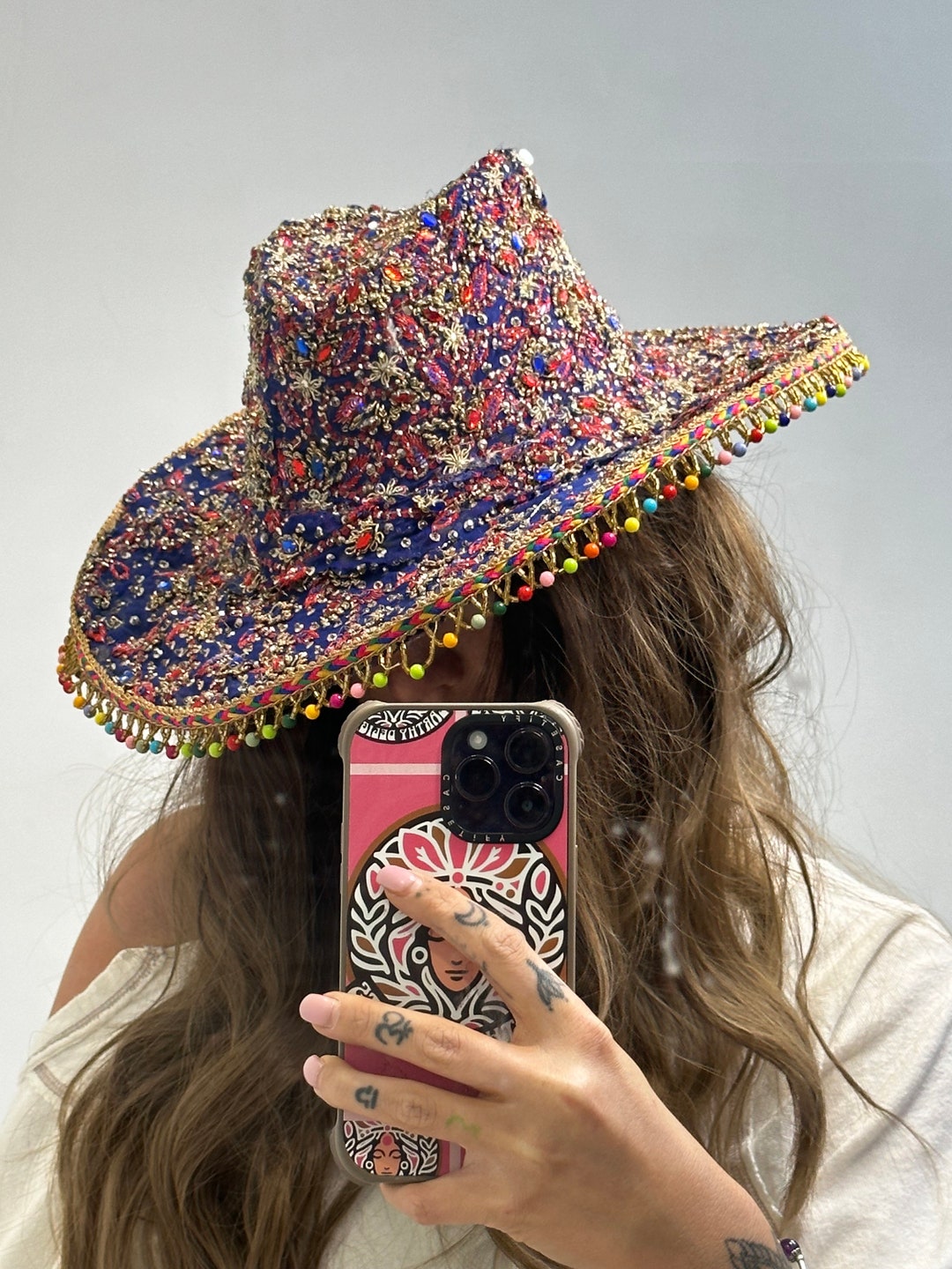 Unique Multicolour Blue Cowboy Hat With Fringe / Embellished With ...